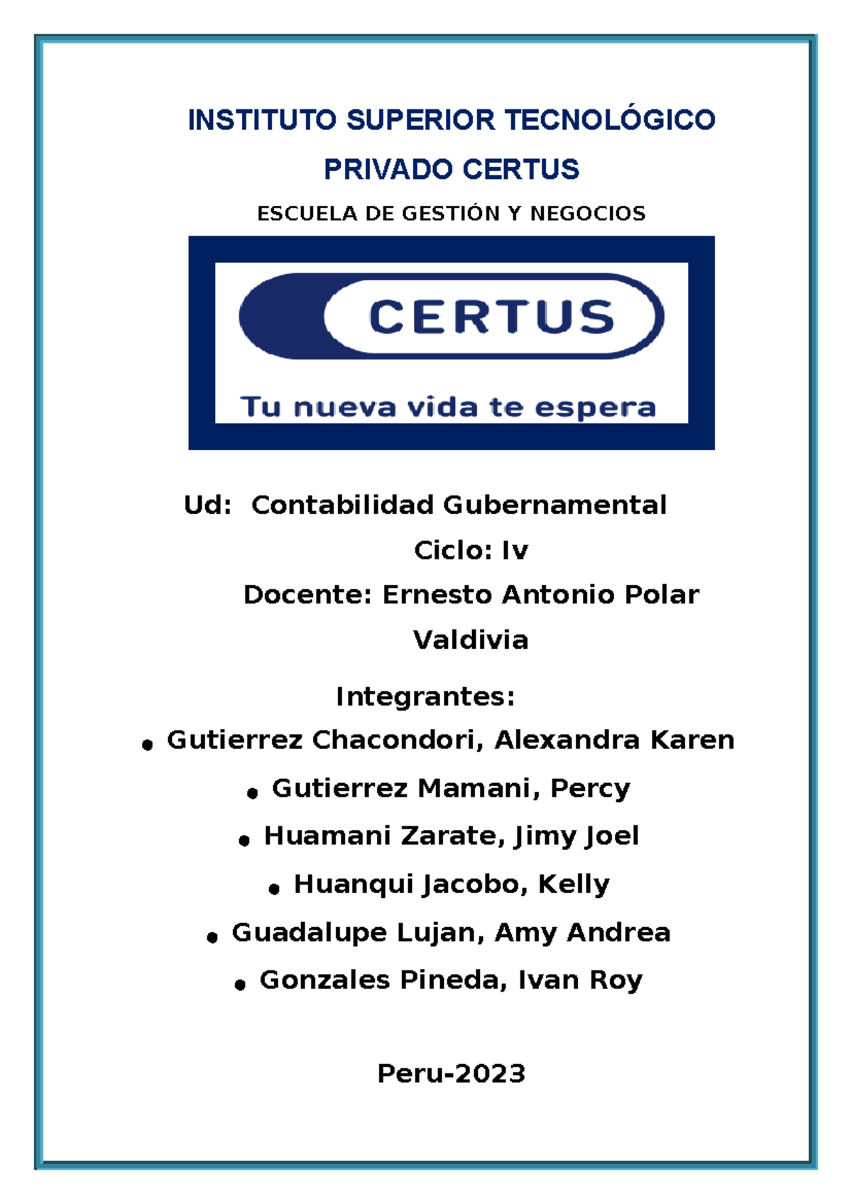 AA1 - Cont. Gubernamental final - INSTITUTO SUPERIOR TECNOLÓGICO PRIVADO CERTUS ESCUELA DE ...