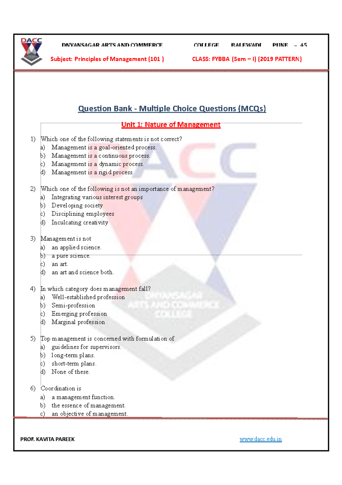 MCQs Management - Notes - Subject: Principles of Management (101 ...
