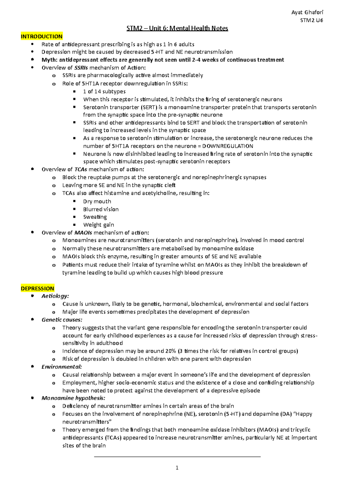 STM2 Unit 6 notes - Mental Health conditions - STM2 U STM2 – Unit 6 ...
