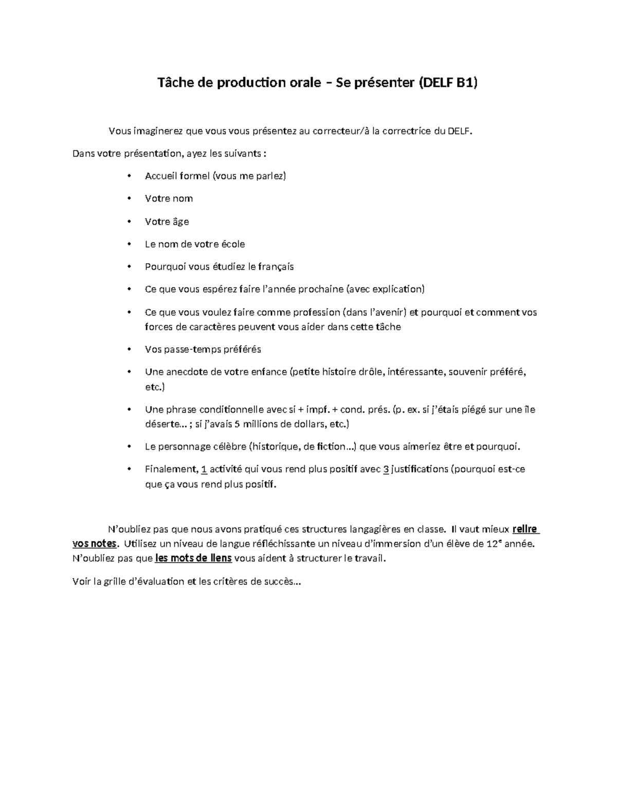 Entretien dirigé - Tâche de production orale – Se présenter (DELF B1 ...