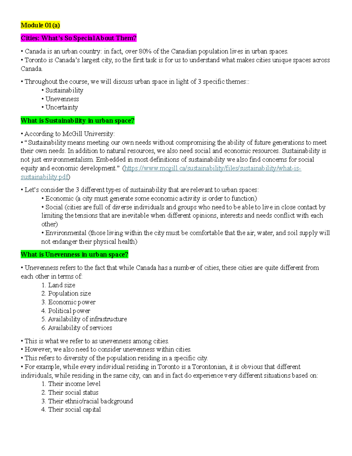 CGEO793 The Geography of Toronto Notes - Module 01(a) Cities: What’s So ...