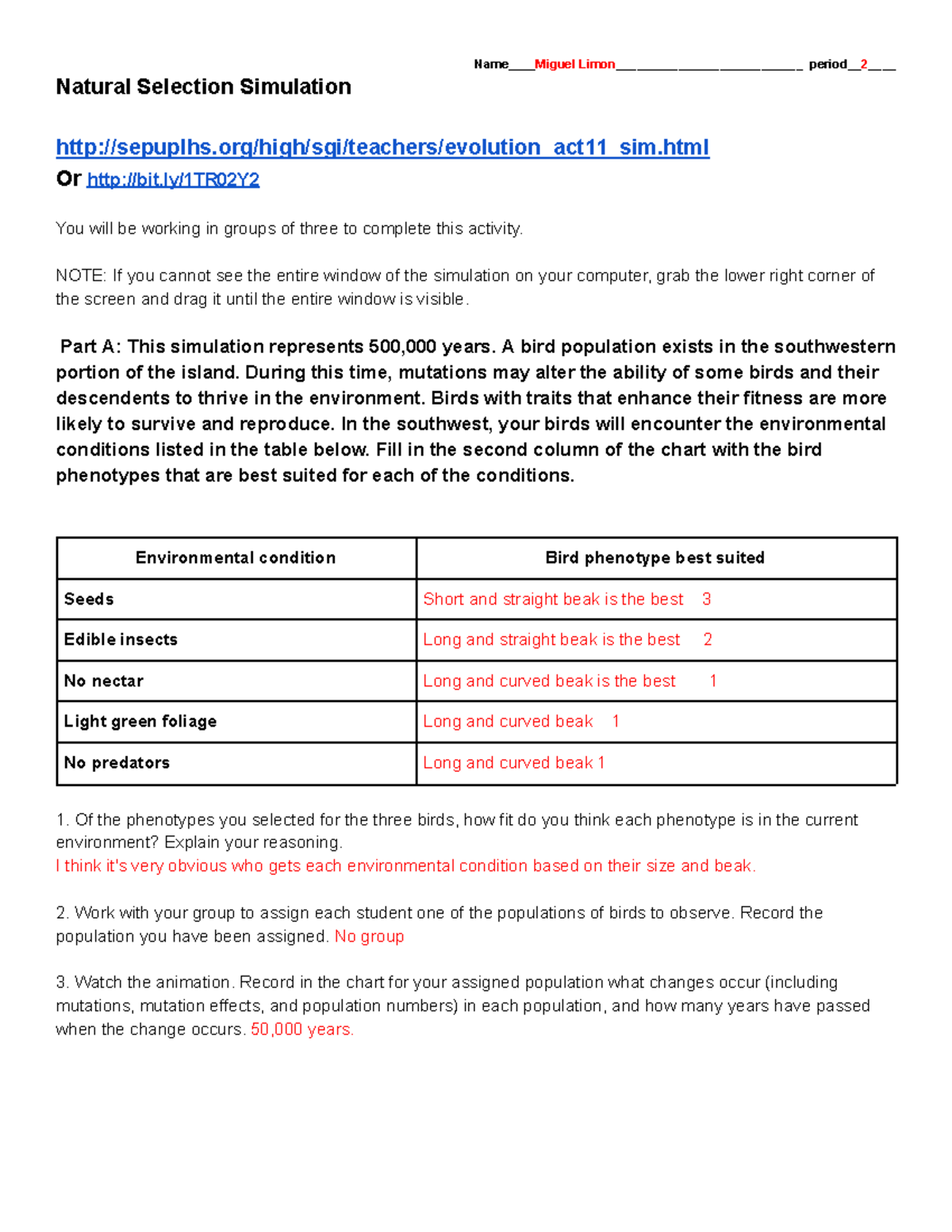 Natural Selection Simulation - Name____Miguel Limon ...