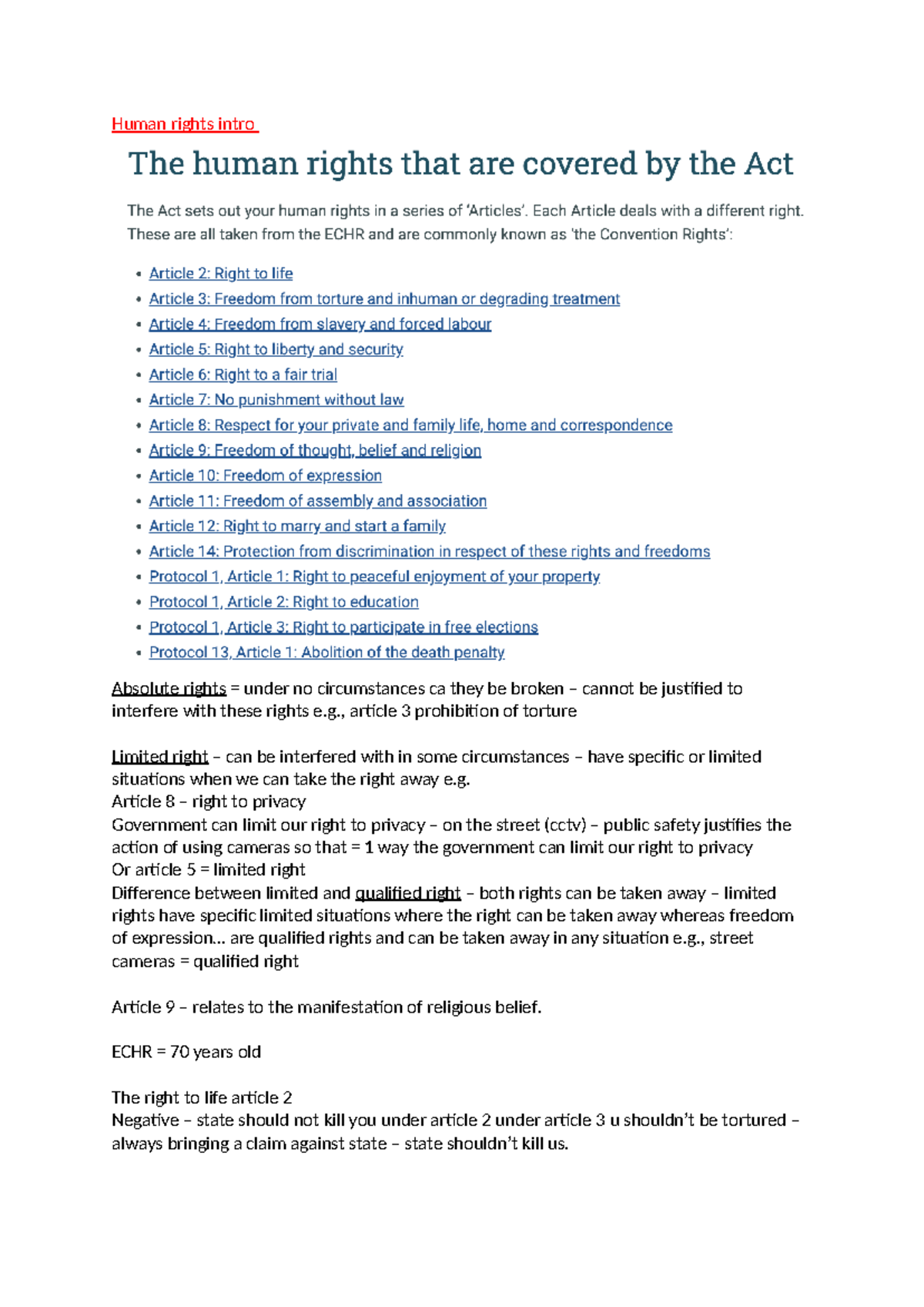 Human rights intro - Human rights intro Absolute rights = under no ...