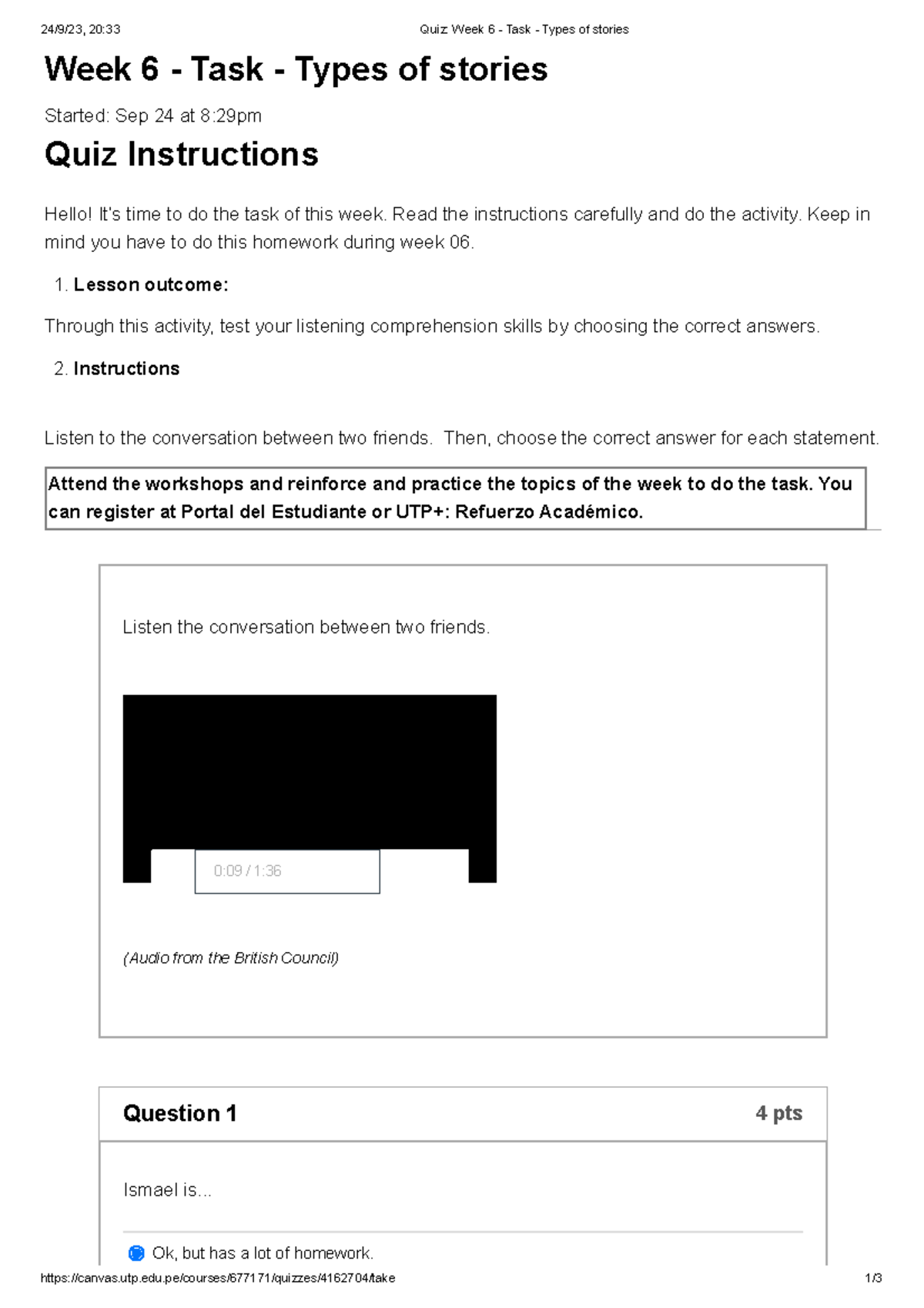 Quiz Week 6 - Task - Types of stories - 24/9/23, 20:33 Quiz: Week 6 ...