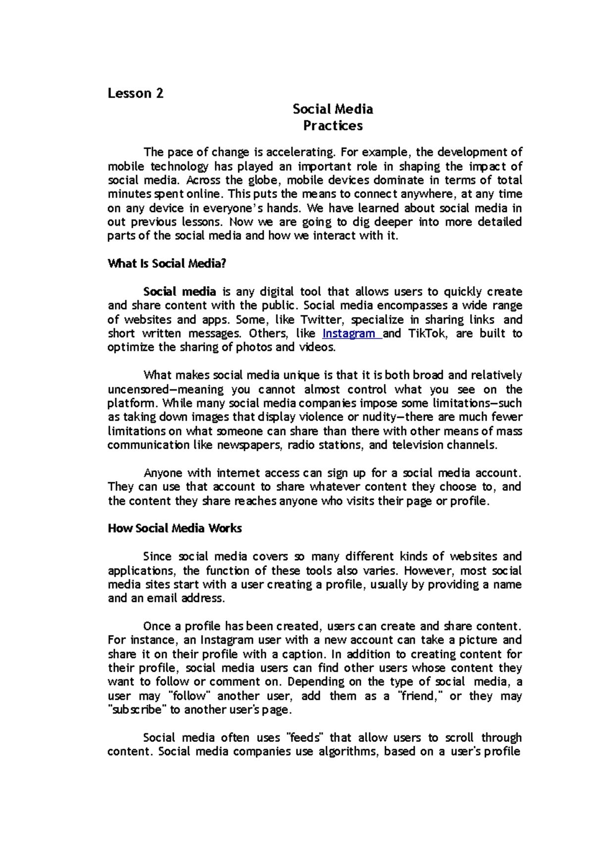 Lesson 11 Social Media Practices - Lesson 2 Social Media Practices The ...