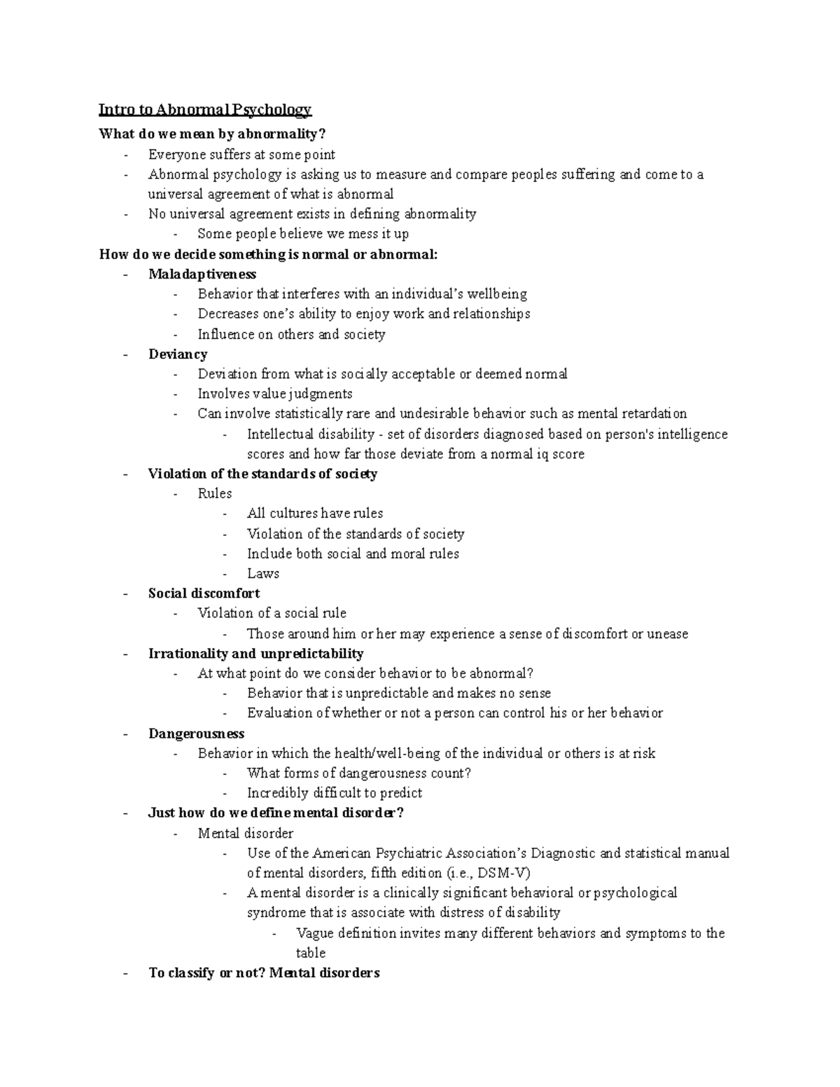 Intro to Abnormal Psychology Notes - Intro to Abnormal Psychology What ...