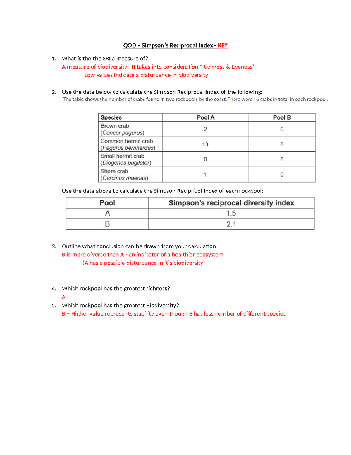 IB - A4.2 - 1 - QOD - Simpsons Reciprical Index - Key - QOD – Simpson’s ...