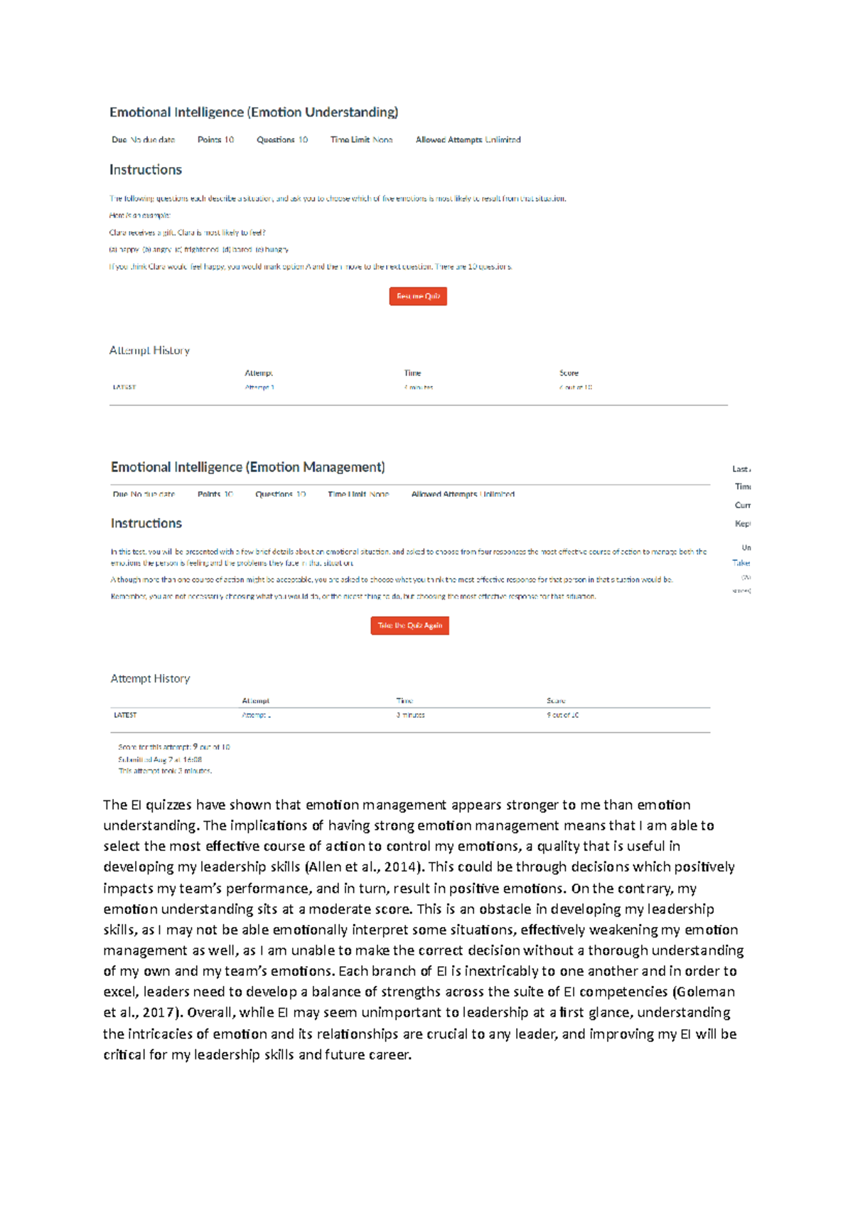 EI Reflection - Week 2 - The EI quizzes have shown that emotion ...