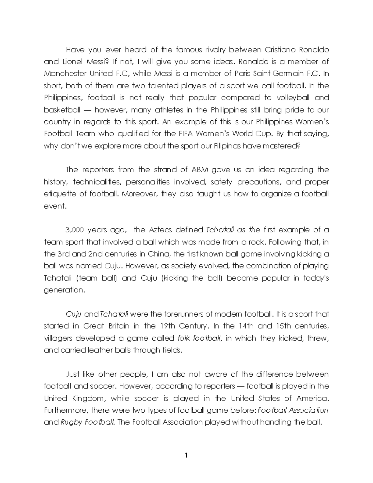 Jesswani, John Joseph - 12 (ABM) - Football (Reflection Paper ...