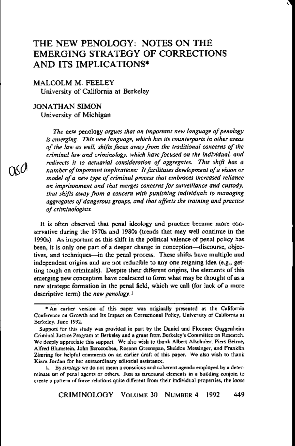 Feeley and Simon The New Penology - THE NEW PENOLOGY: NOTES ON THE ...