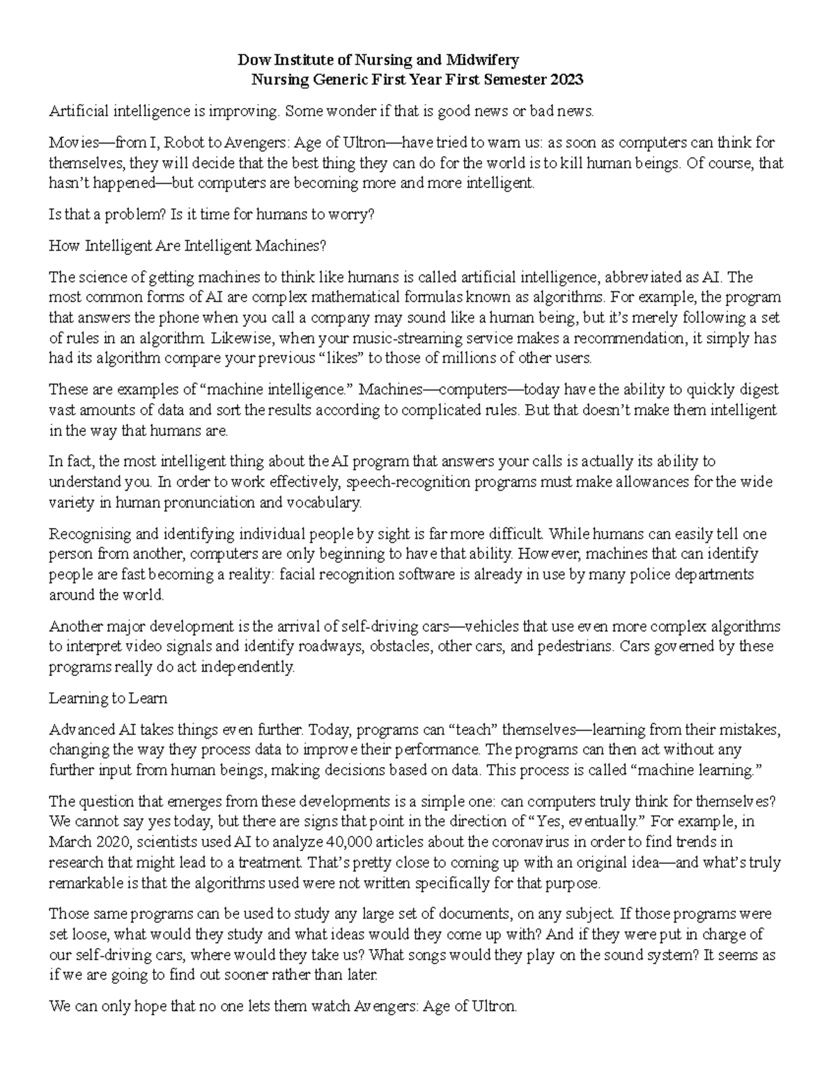 Reading Comprehension Nov 22, 2023 - Dow Institute of Nursing and ...