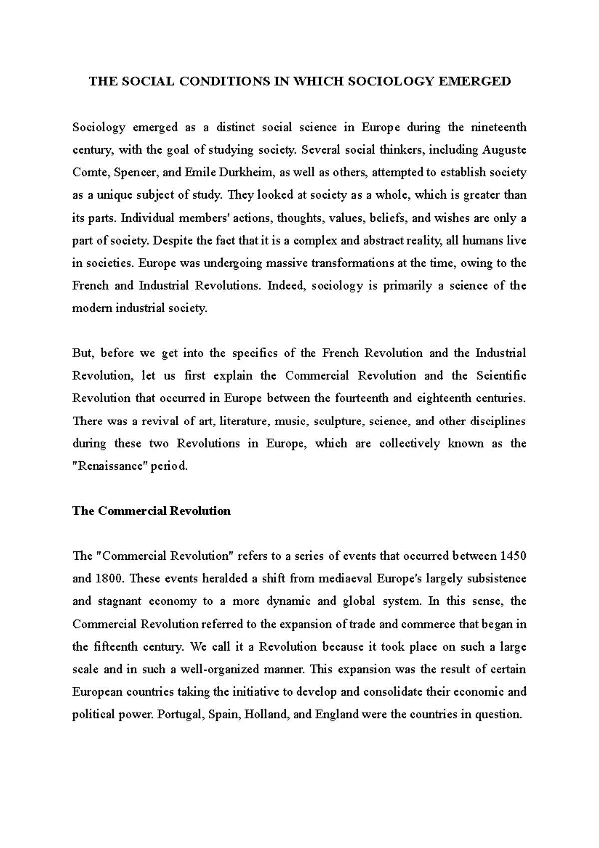 THE Social Conditions IN Which Sociology Emerged - THE SOCIAL ...