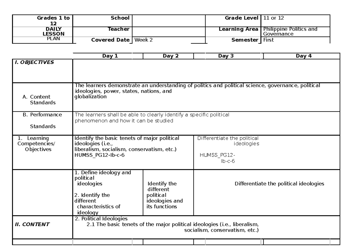 PPG Week b - Political Ideologies - Grades 1 to 12 School Grade Level ...