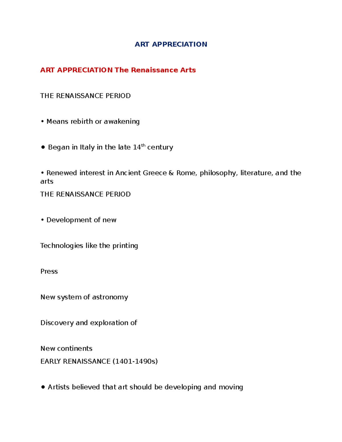 Art Appreciation - ART Appreciation The Renaissance Arts - ART ...