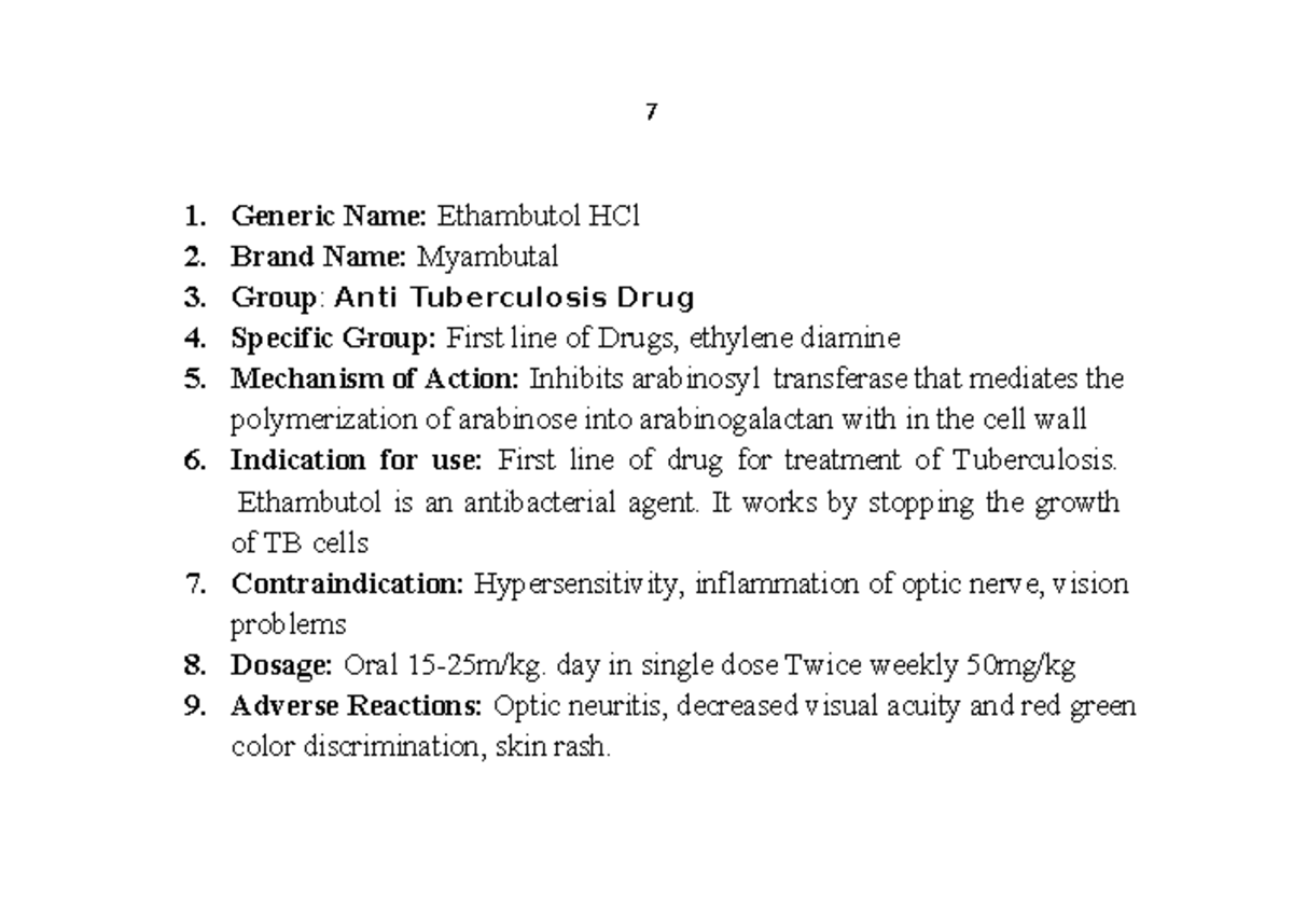 Nervous system Drugs - Exam Prep - 1. Generic Name: Ethambutol HCl 2 ...