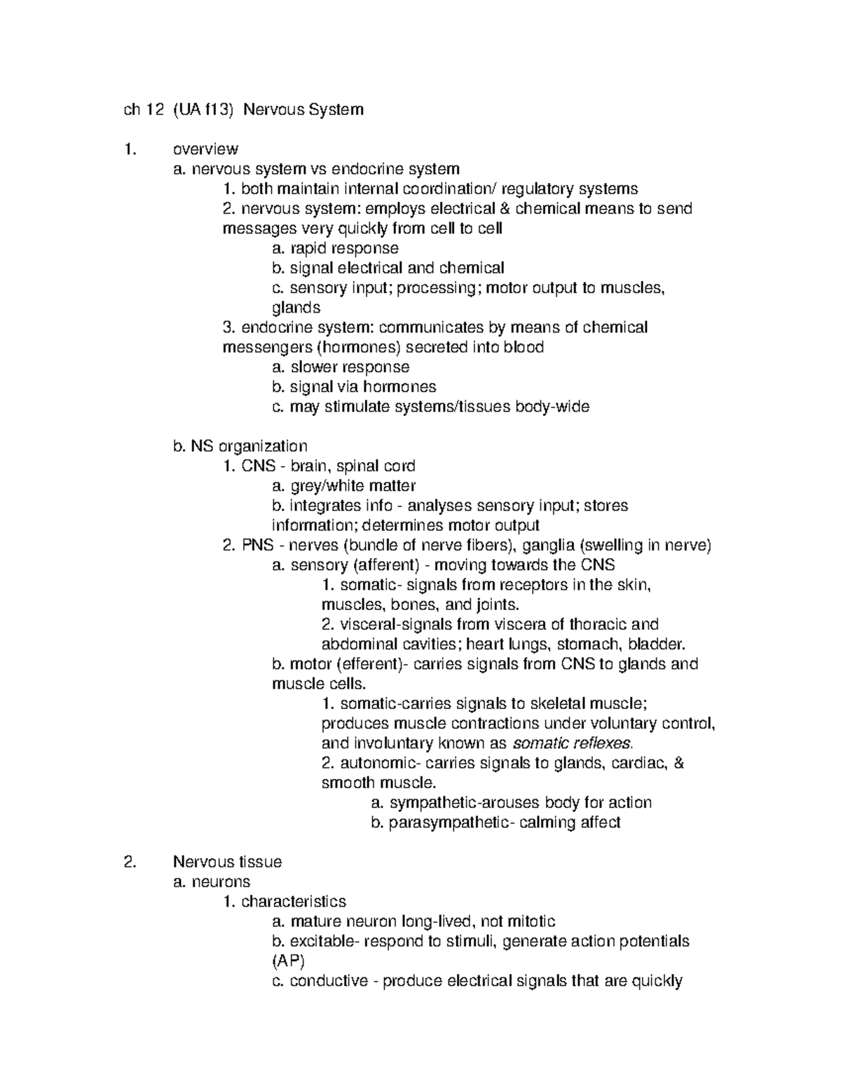 Chapter 12 notes - Susan Hines - ch 12 (UA f13) Nervous System overview ...