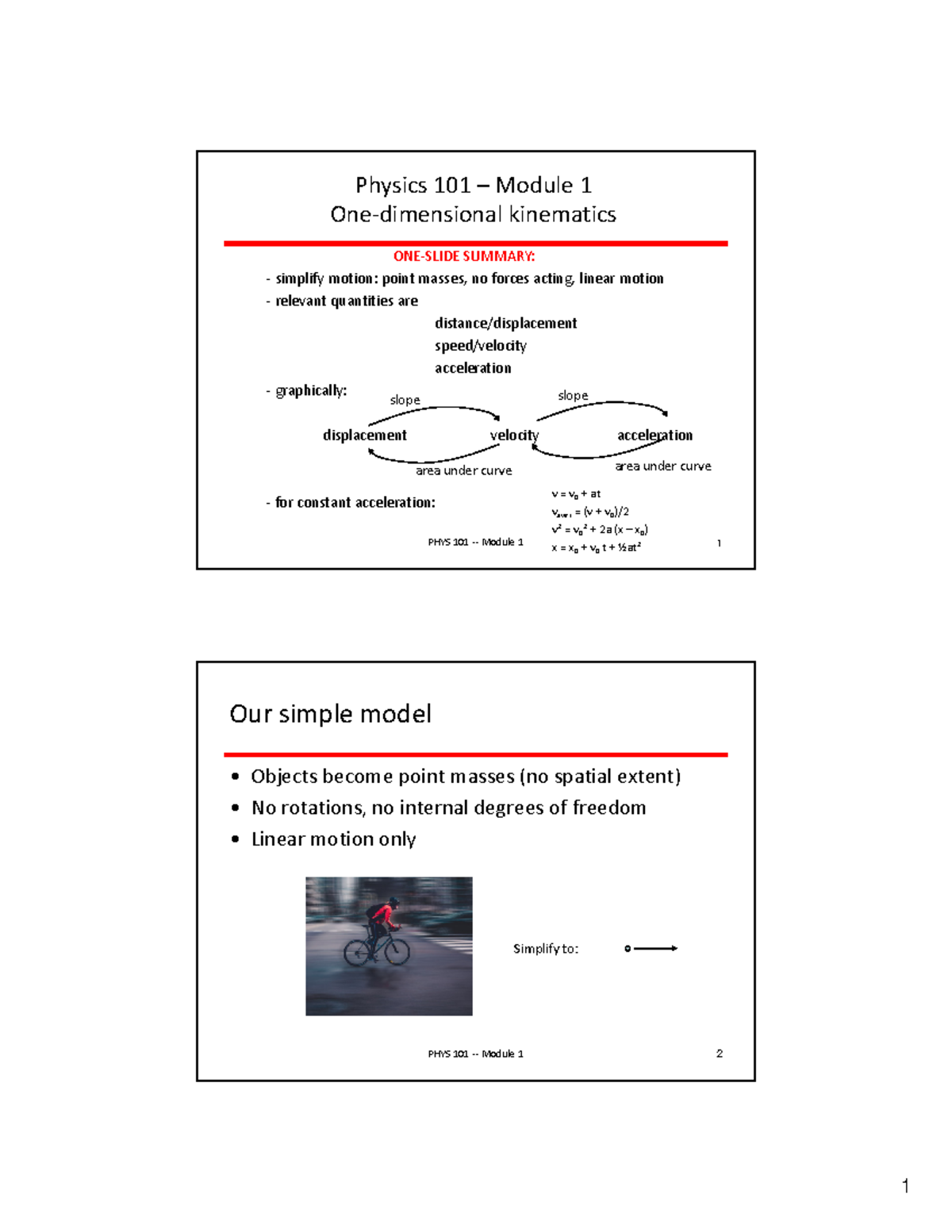 Module 1a - 1D kinematics post lecture - ONE-SLIDE SUMMARY: - simplify ...