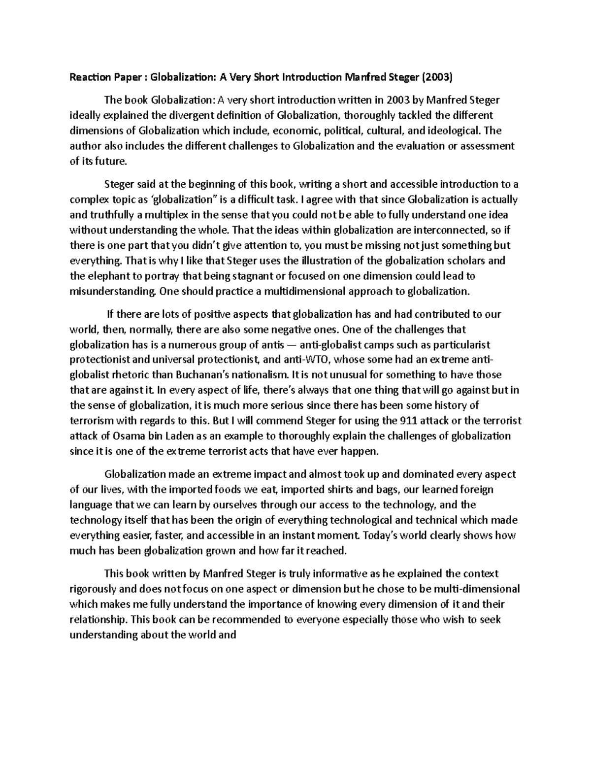 Reaction Paper - Globalization - The author also includes the different ...