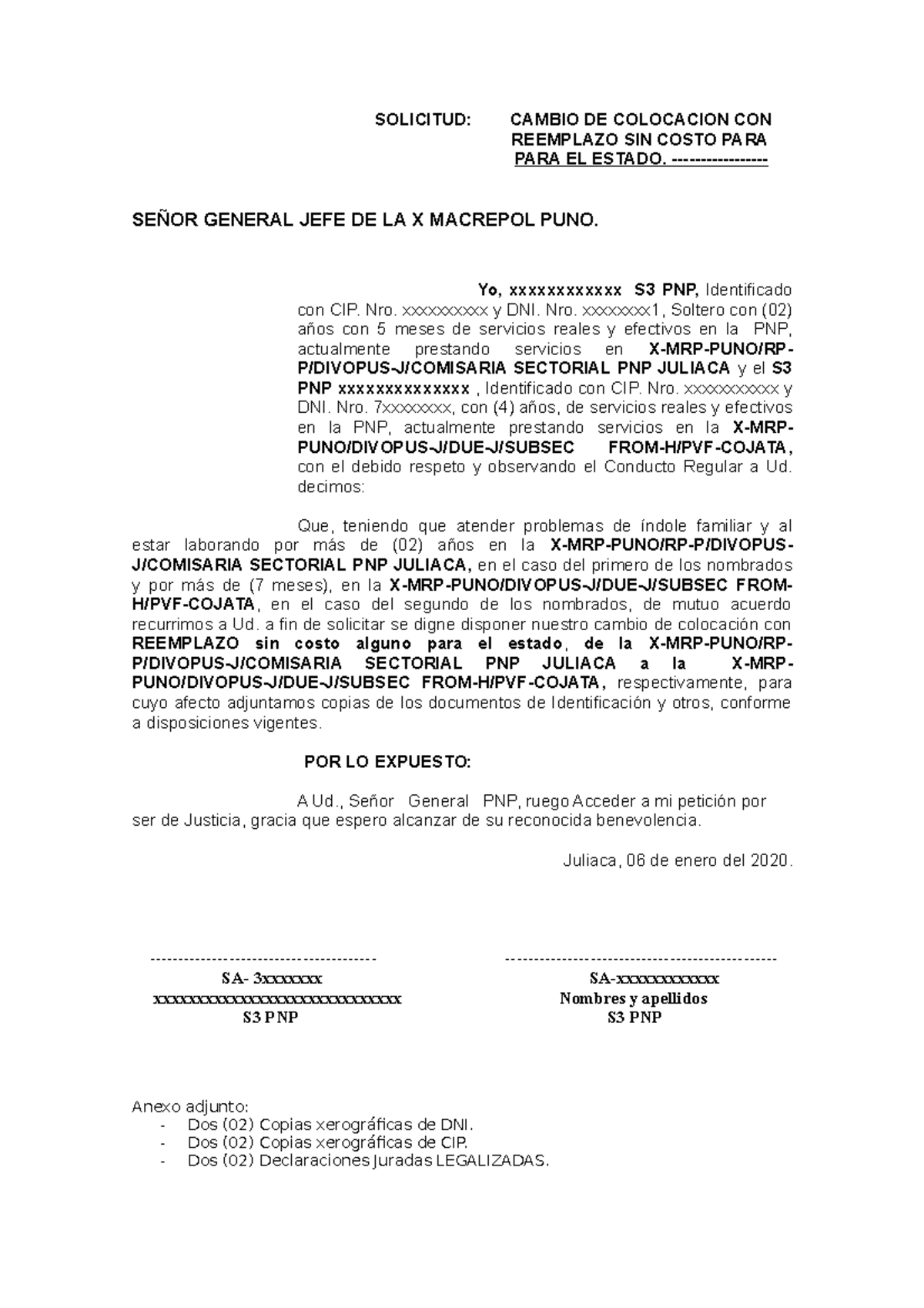 Modelo de Solicitud de Permuta en la PNP - Jorge Franco Armaza Deza ...