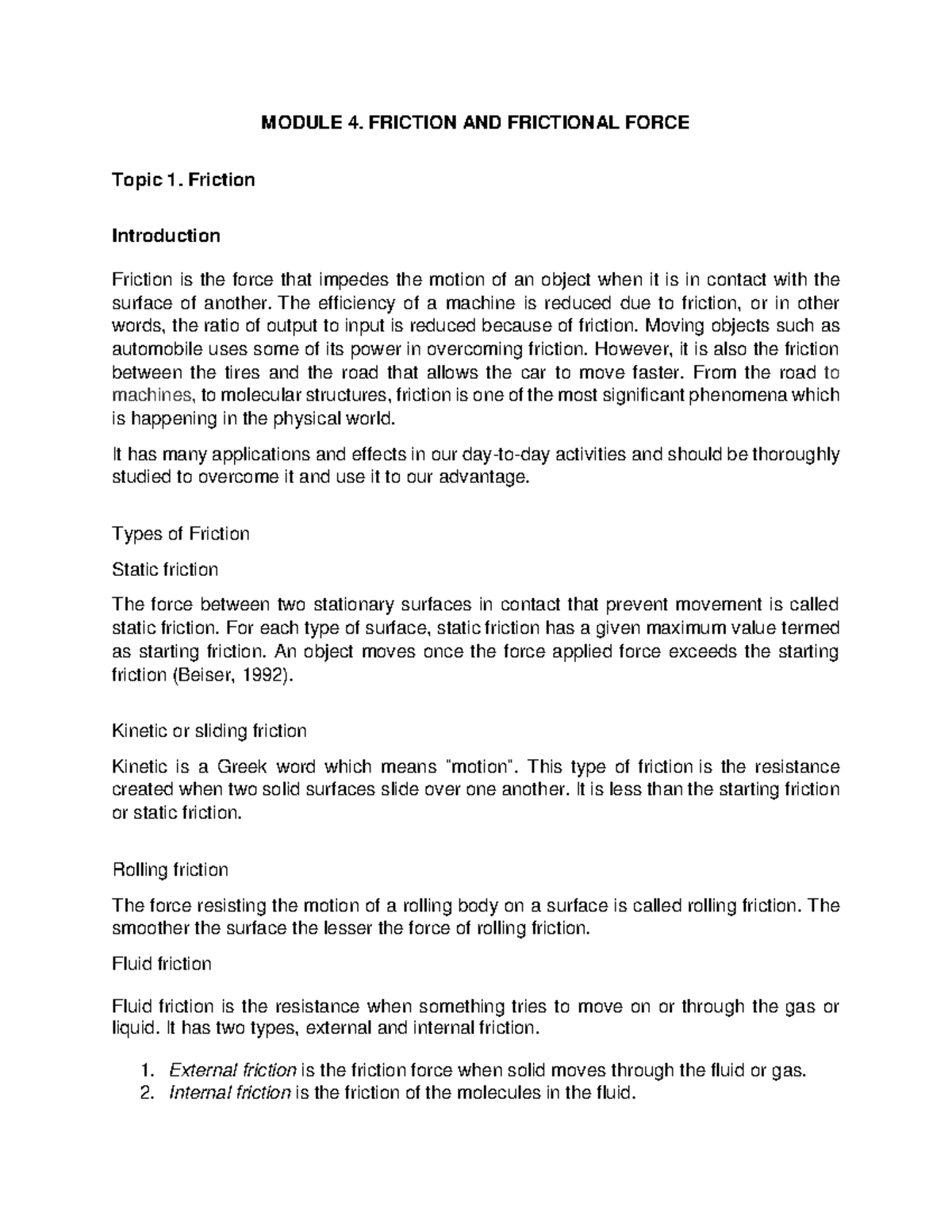Frictional-force Module - MODULE 4. FRICTION AND FRICTIONAL FORCE Topic ...