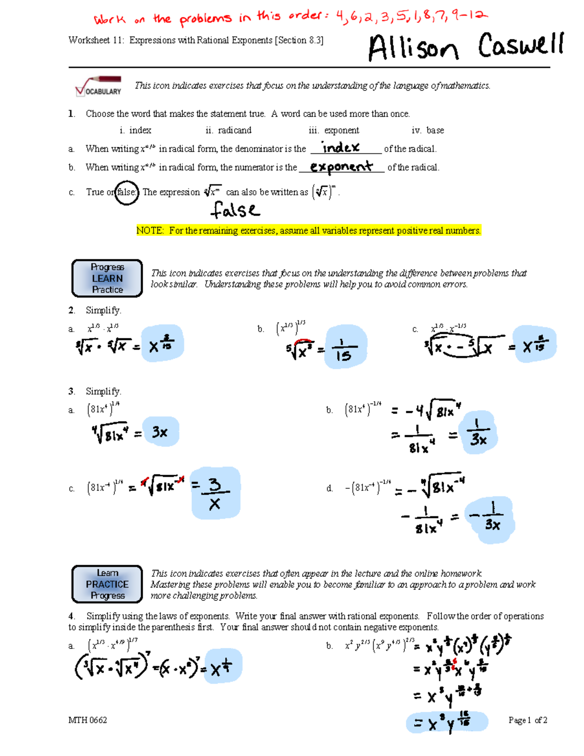 Worksheet 11-Expressions with Rational Exponents 8 - MTH 0662 Page 1 of ...
