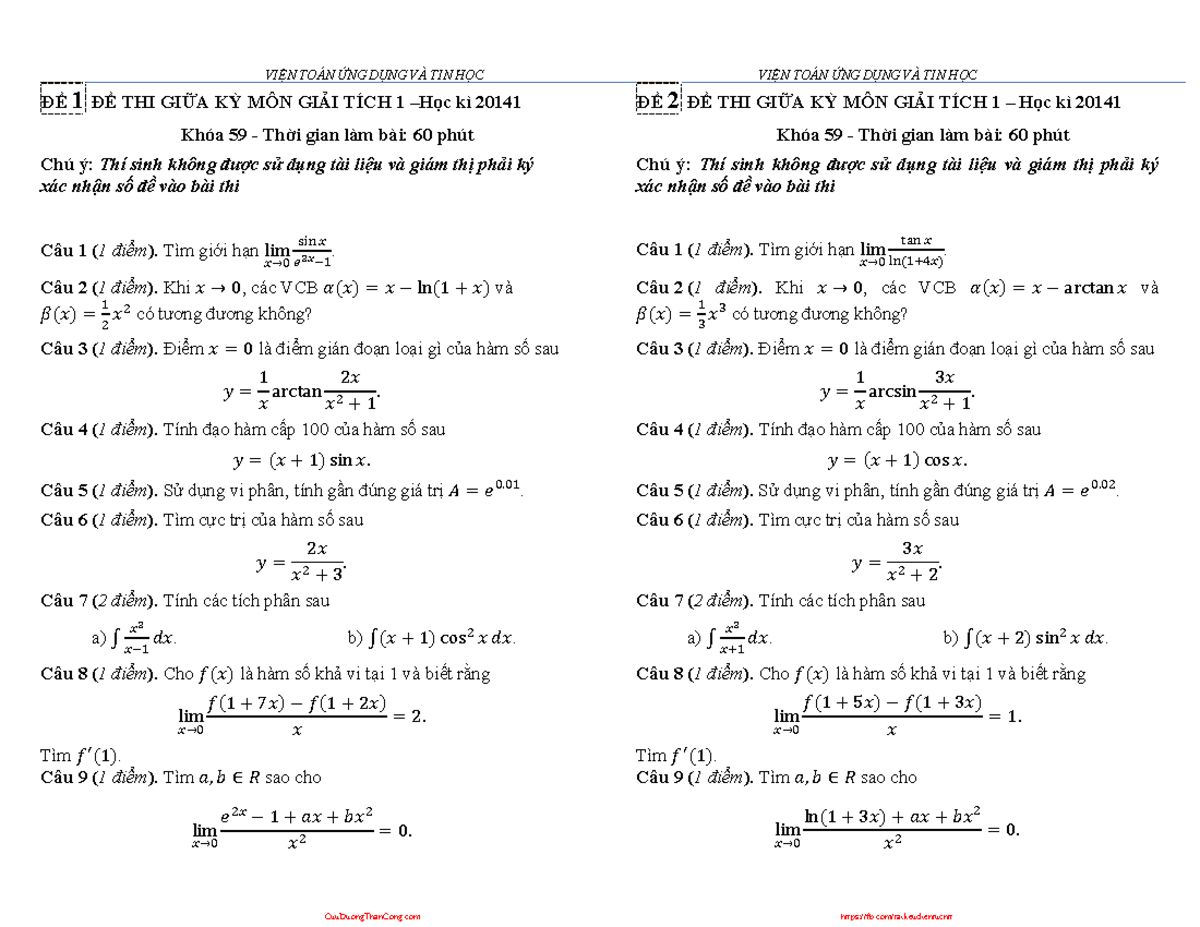 Giai-tich-1 bui-xuan-dieu de-thi-giai-tich-1-giua-ky-2014 1-de-1,2,3,4 - [cuuduongthancong - Studocu