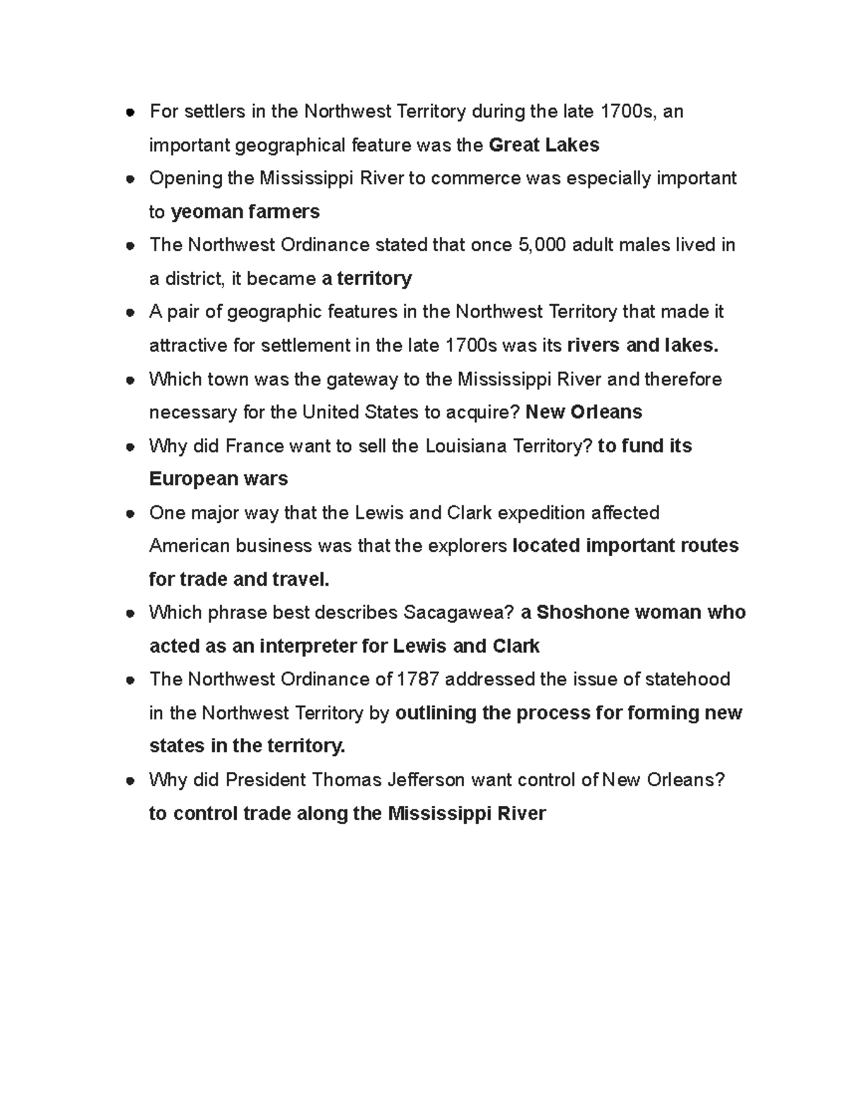 Expansion and Settlement Quiz - For settlers in the Northwest Territory ...