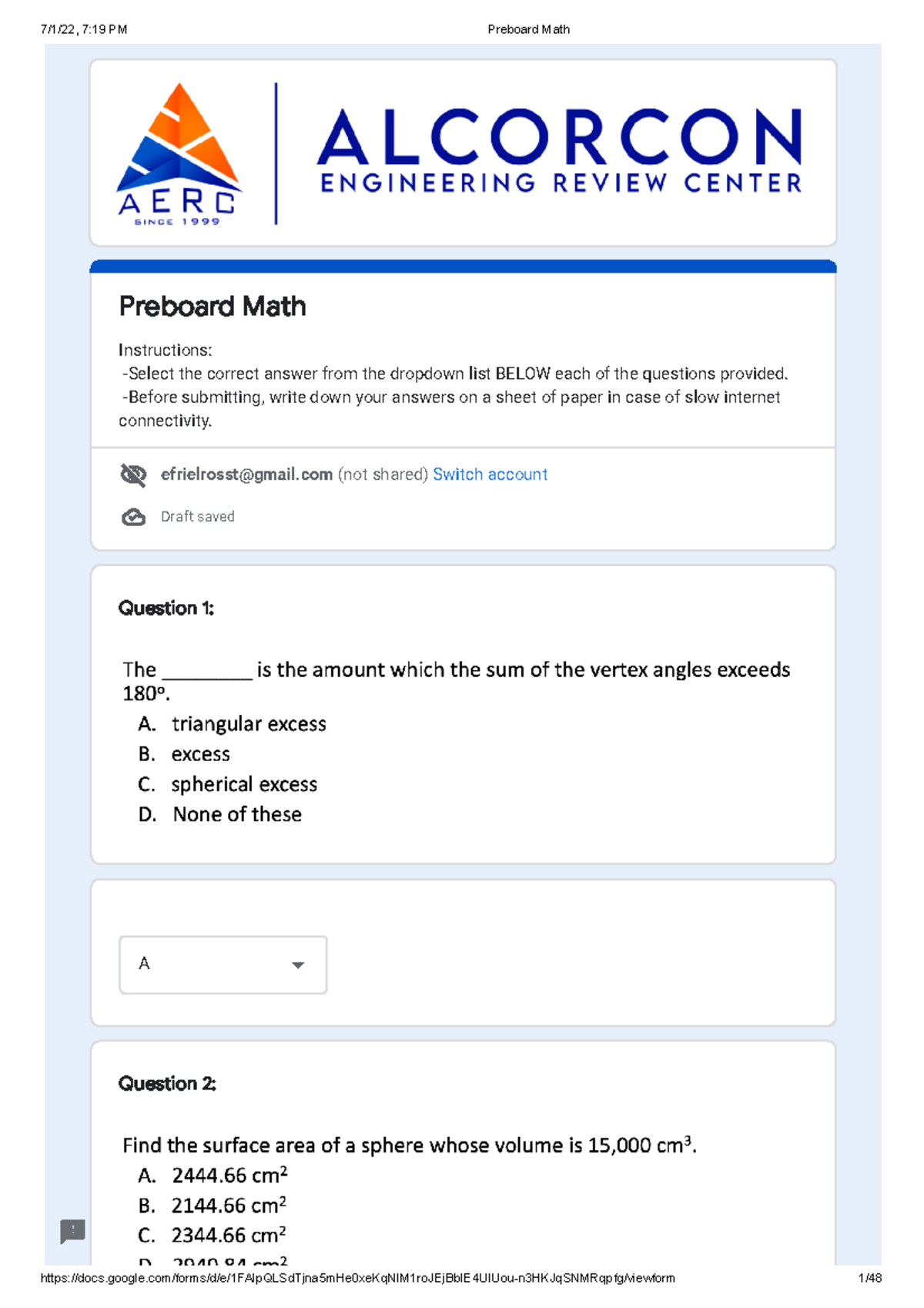 Math - Hbbb HB bbbbbnn - Question 1: Question 2: Preboard Math ...