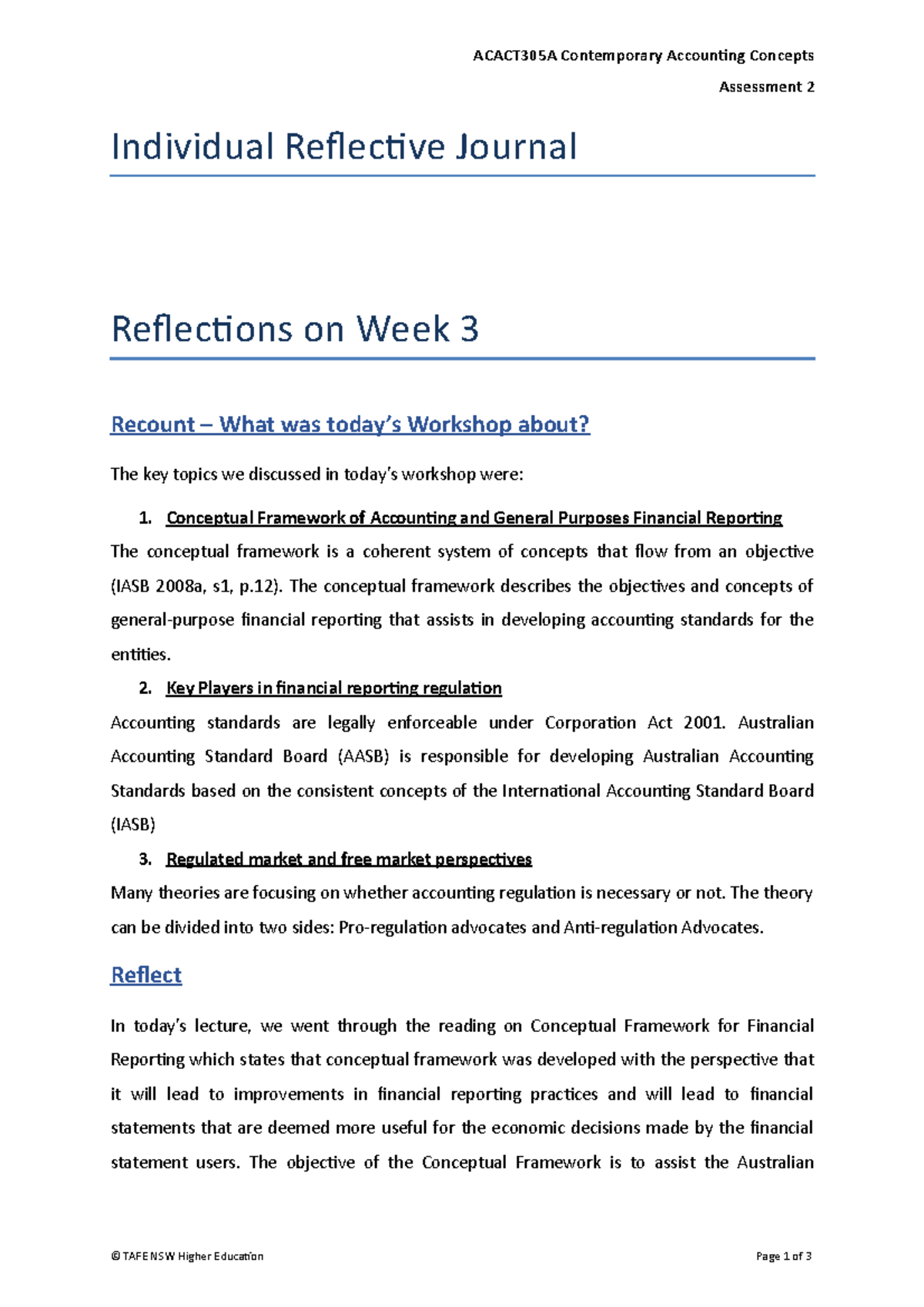 Reflective Journal Week 3 - ACACT305A Contemporary Accounting Concepts ...