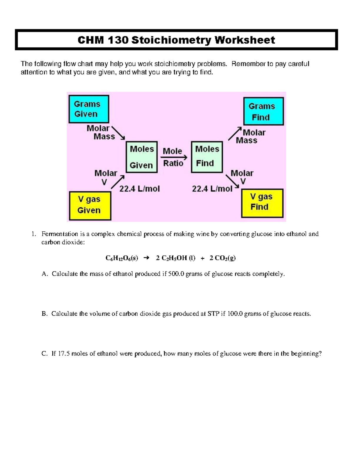Stochiomestry Tutorials - CHM 130 Stoichiometry Worksheet The following ...