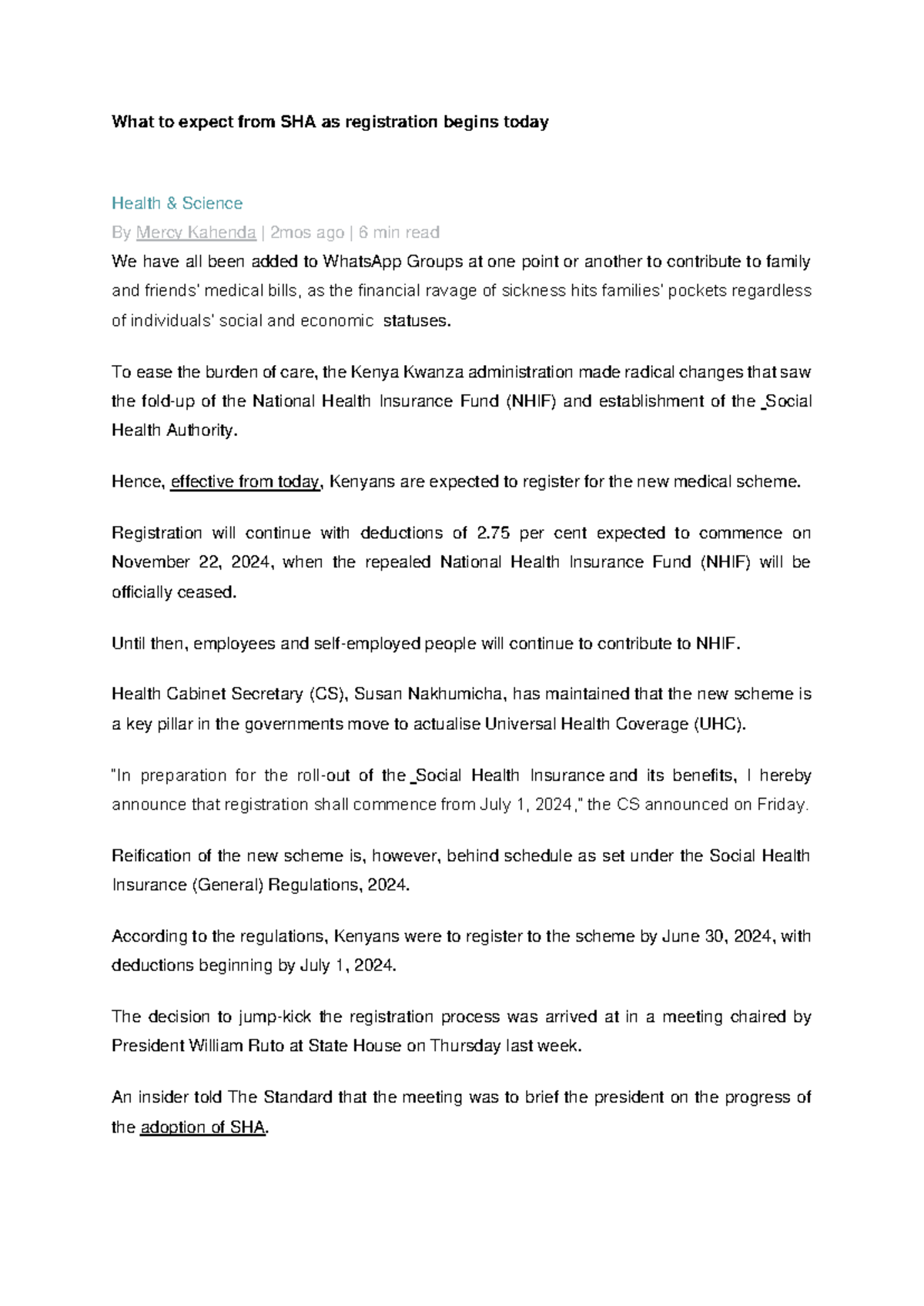 What to expect from SHA as registration begins today - To ease the ...