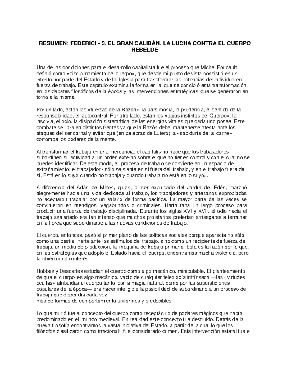 Resumen Federici - 3. EL GRAN Calibán. LA Lucha Contra EL Cuerpo Rebelde - RESUMEN: FEDERICI - 3 ...