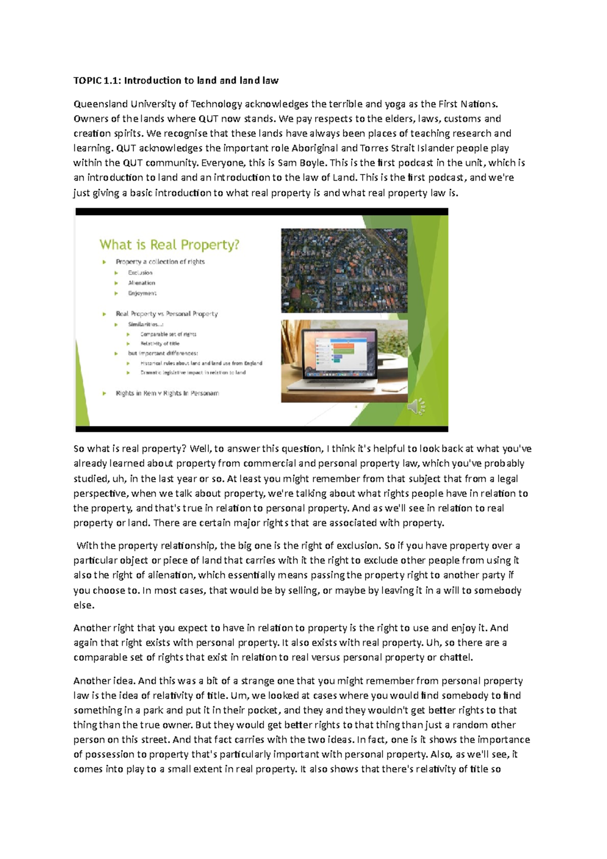 Week 1 Lecture - Introduction to Land and Land Law - TOPIC 1 ...