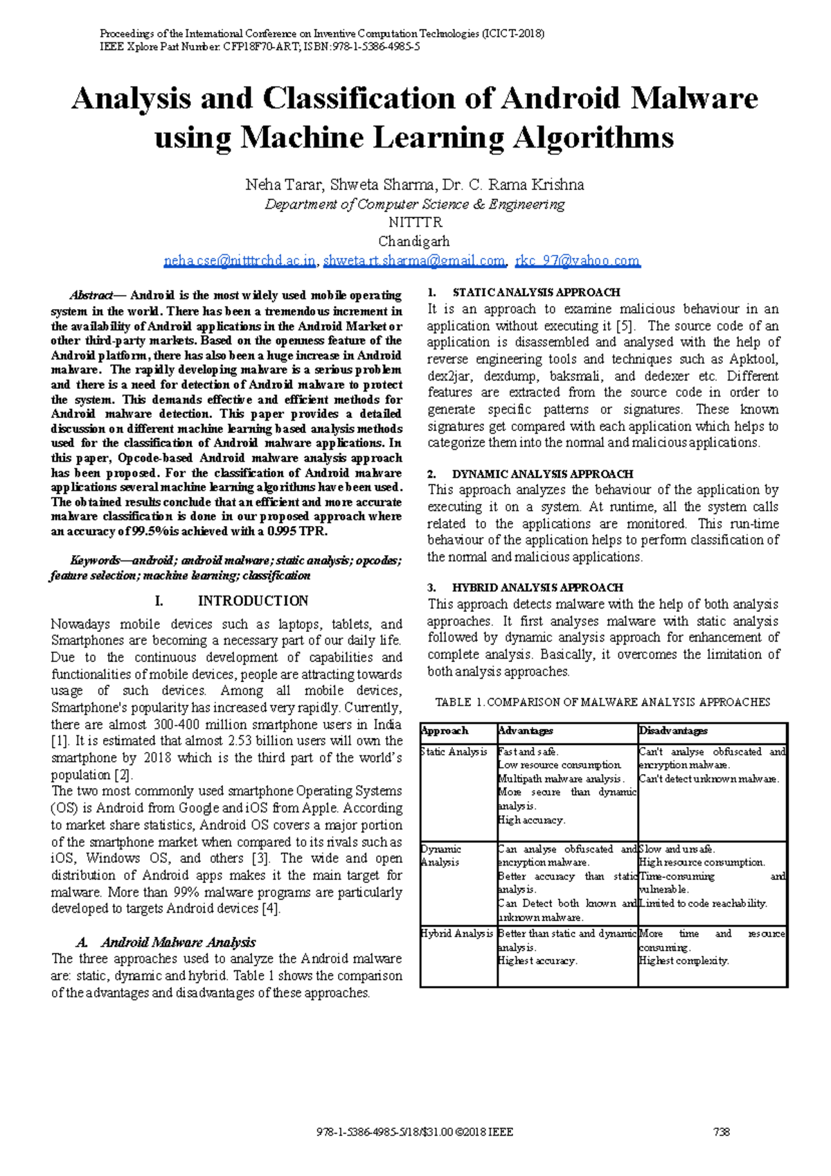 Malicious identification base paper 3 - Analysis and Classification of Android Malware using ...