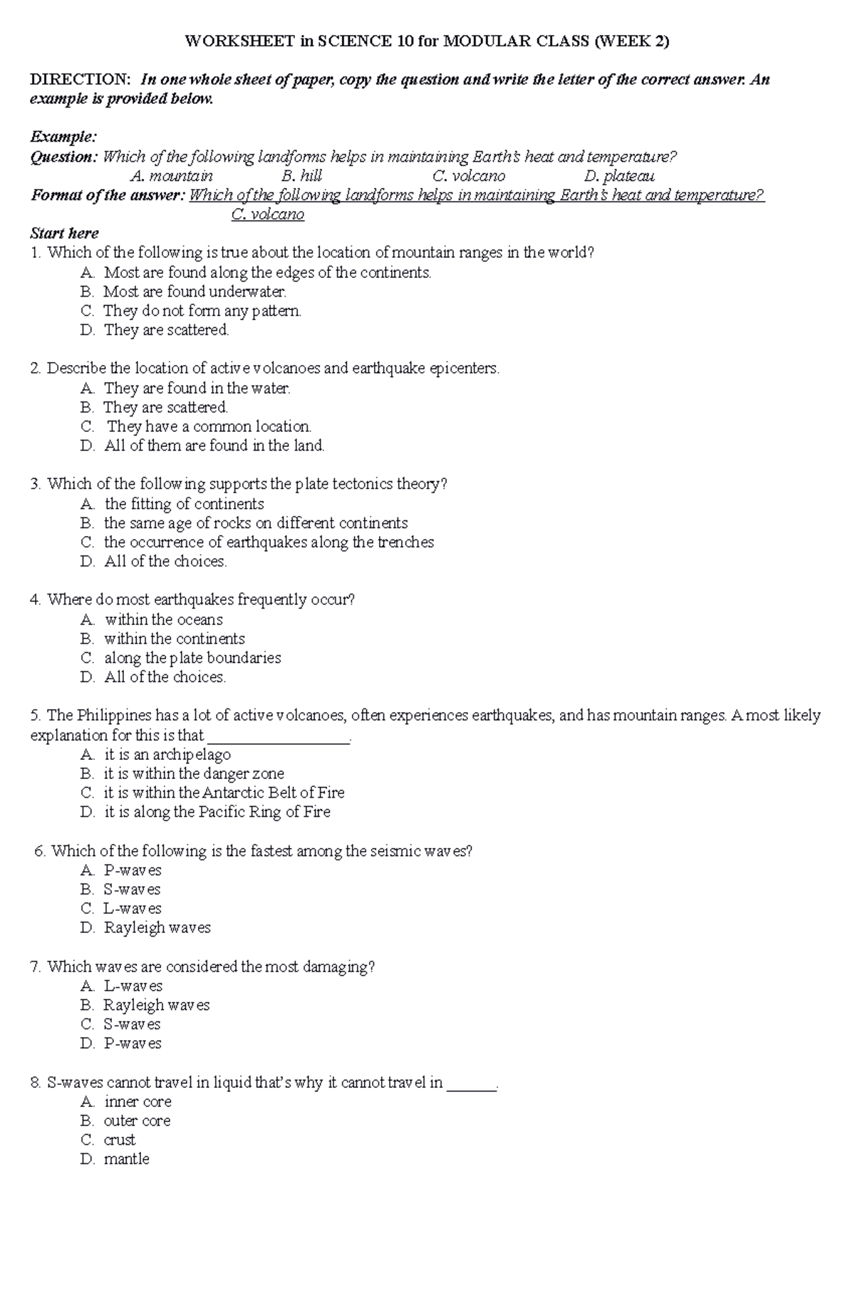 Worksheet Modular Class Long Test W2 - WORKSHEET in SCIENCE 10 for ...
