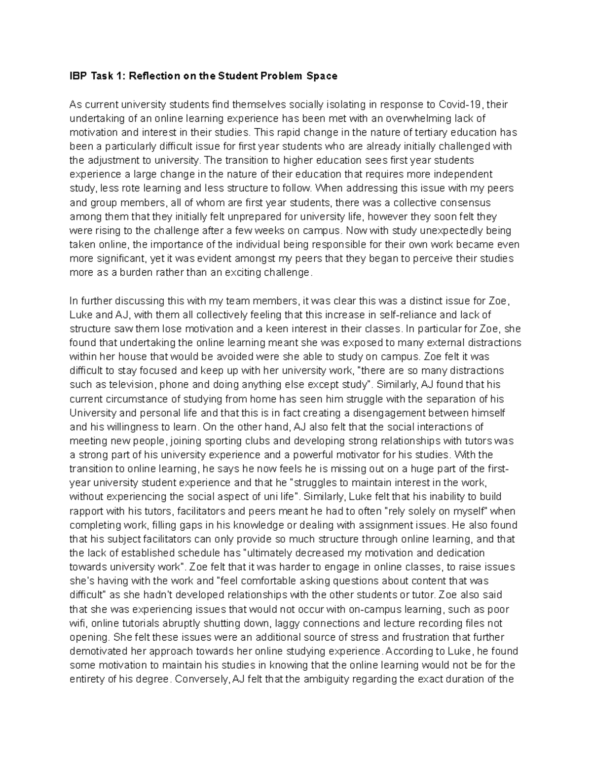 IBP Task 1 - part 1 - IBP Task 1: Reflection on the Student Problem ...