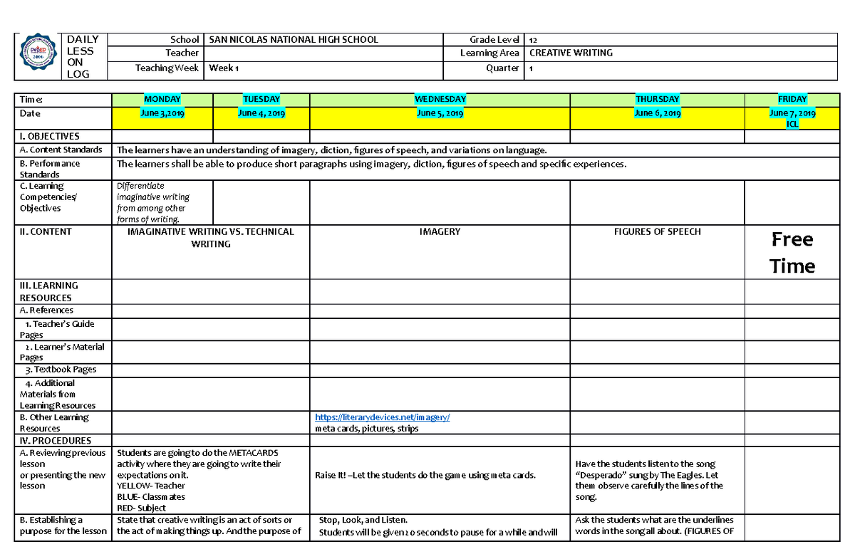 CW Lesson Log W1 Q1 - DAILY LESS ON LOG School SAN NICOLAS NATIONAL ...