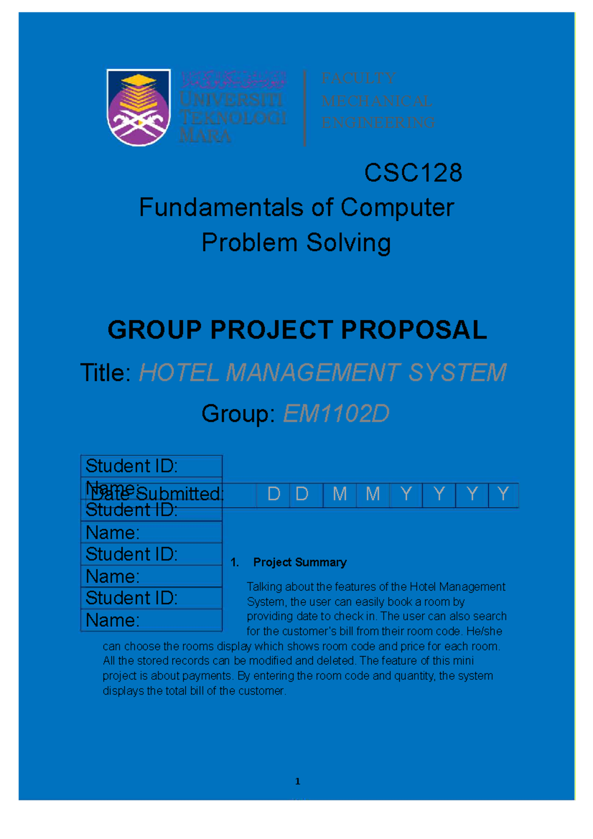 Downstudocu - CSC Fundamentals of Computer Problem Solving GROUP PROJECT PROPOSAL Title: HOTEL ...