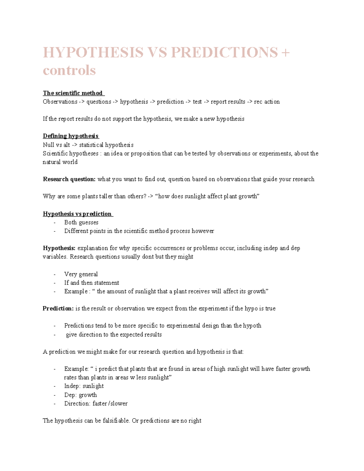 Hypothesis vs predictions - HYPOTHESIS VS PREDICTIONS + controls The ...