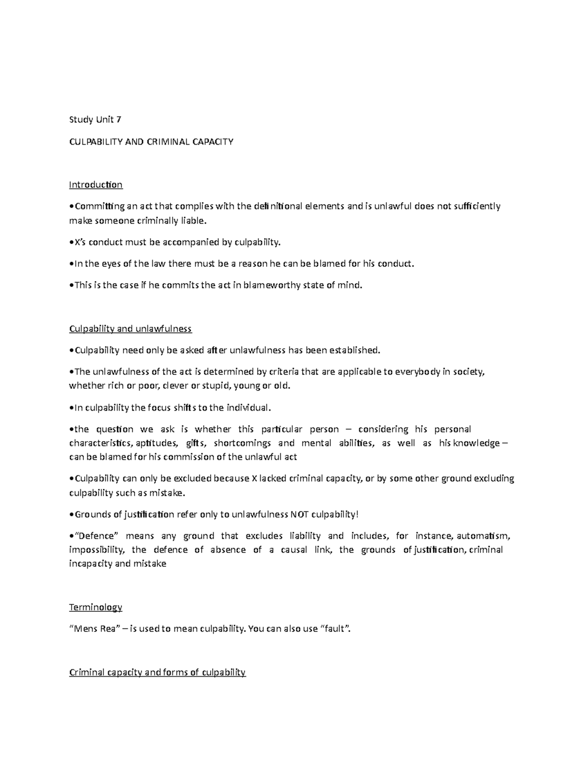 Chapter 7 - Study Unit 7 CULPABILITY AND CRIMINAL CAPACITY Introduction ...