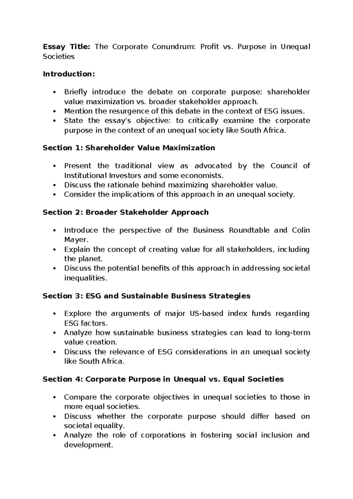 Outline for Corporate Governance - Essay Title: The Corporate Conundrum ...