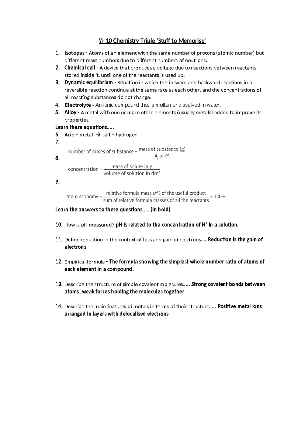 Yr 10 Chemistry Triple Stuff to memorise checklist Summer 1 - Yr 10 ...