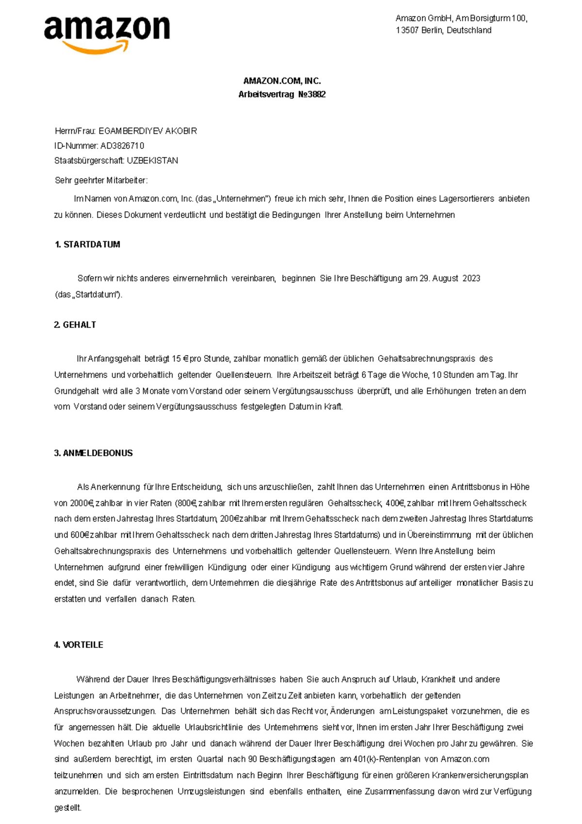 Amazon confidential agreement - AMAZON, INC. Arbeitsvertrag No3 882 ...