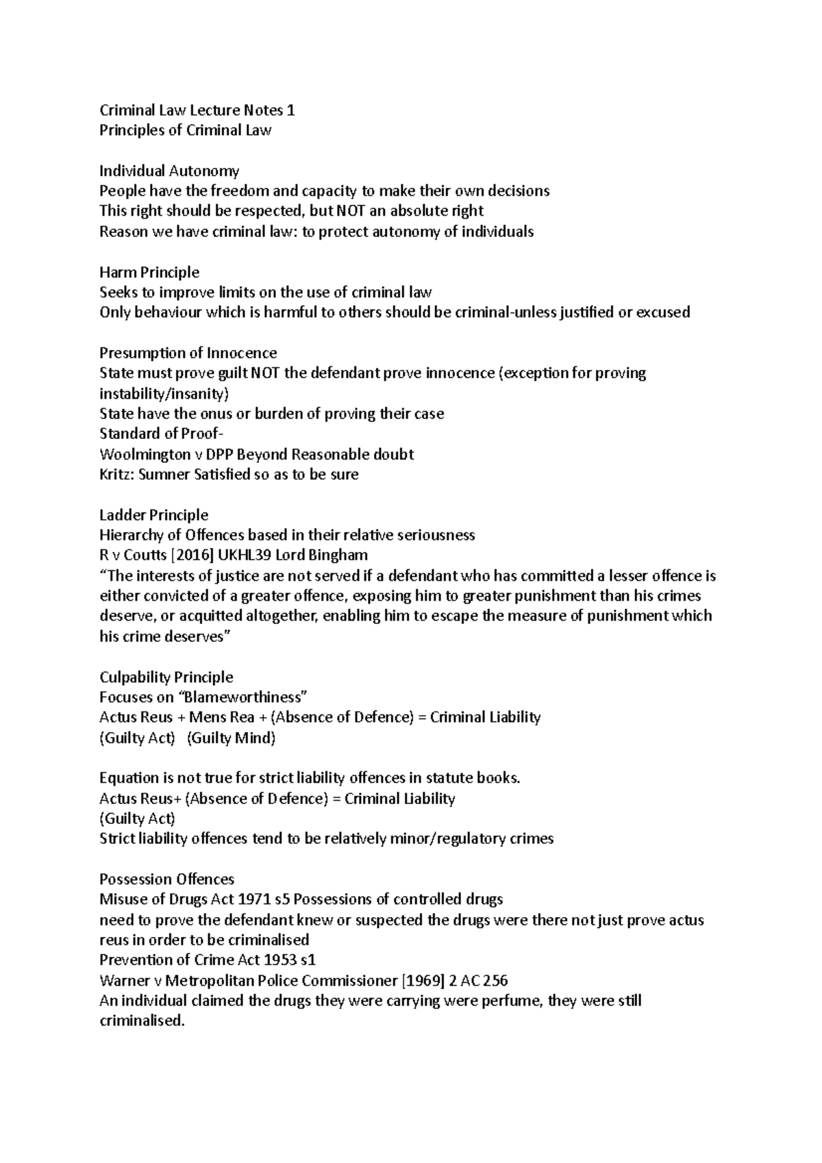 Criminal Law Lecture Notes 1 - Actus Reus+ (Absence of Defence ...