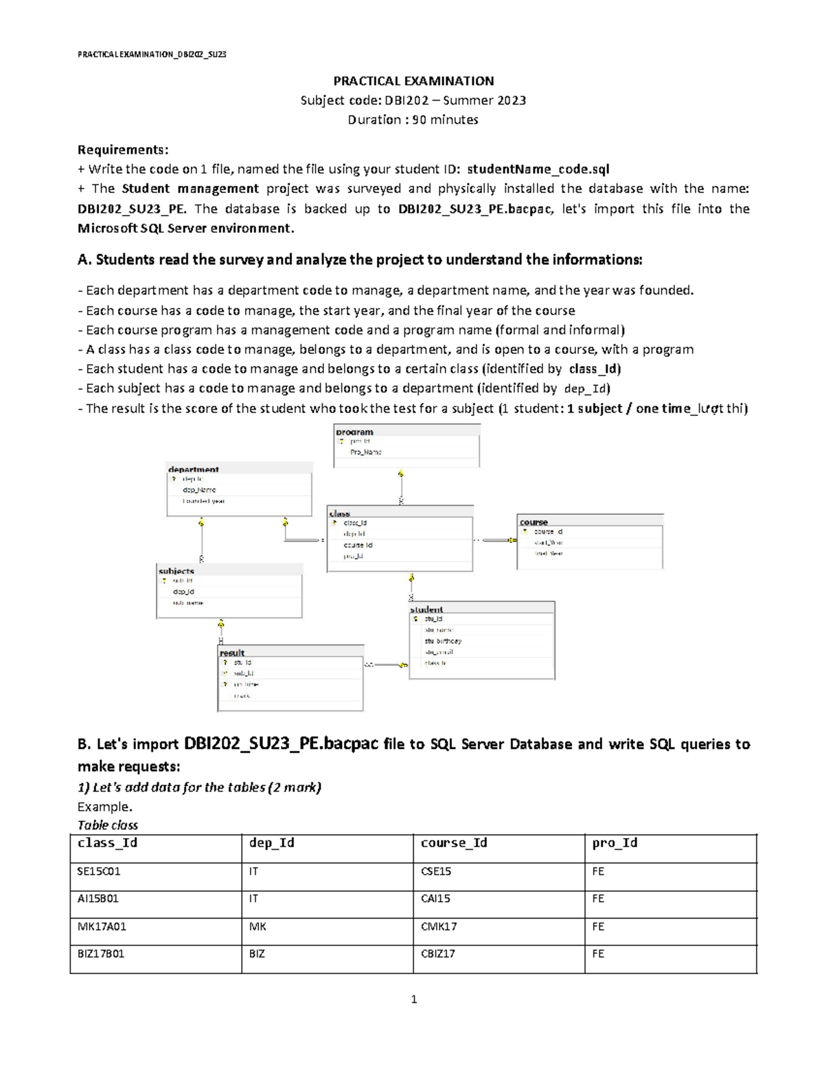 DBI202 PE1 Su23 - Sumary - PRACTICAL EXAMINATION_DBI202_SU 1 PRACTICAL ...