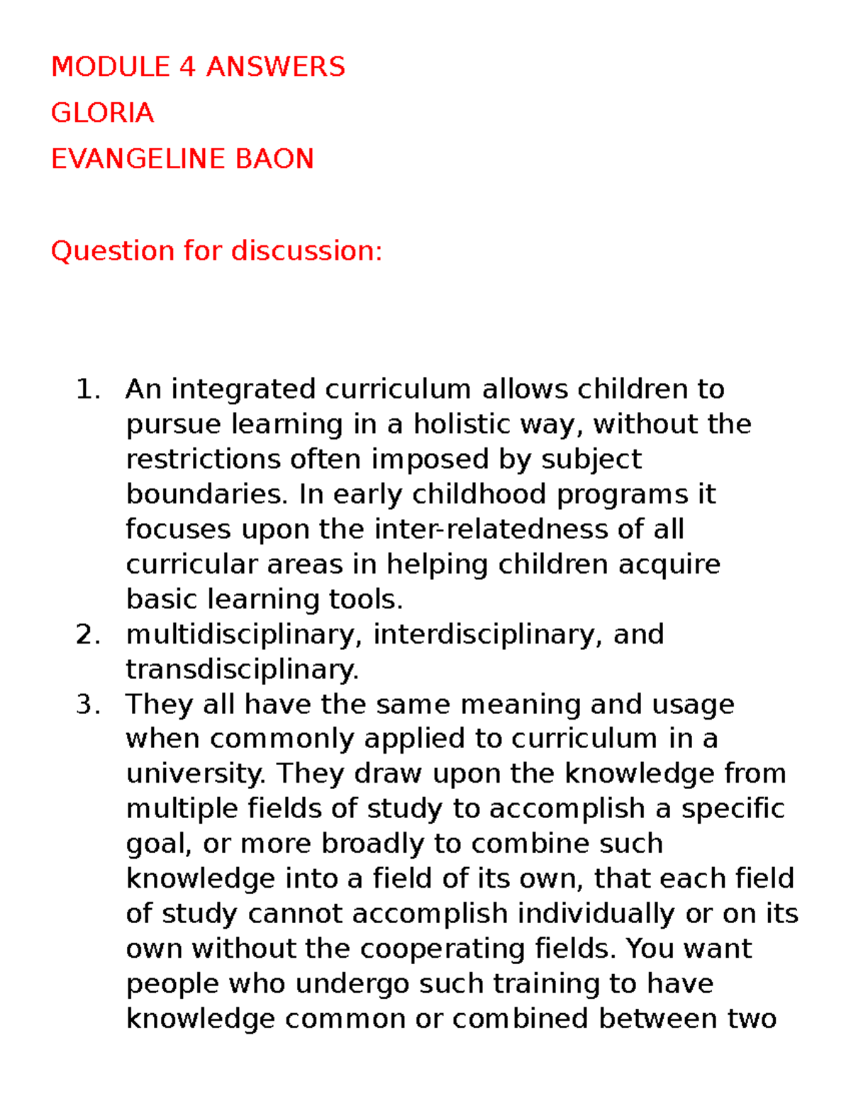 Evangeline module 4 - MODULE 4 ANSWERS GLORIA EVANGELINE BAON Question ...
