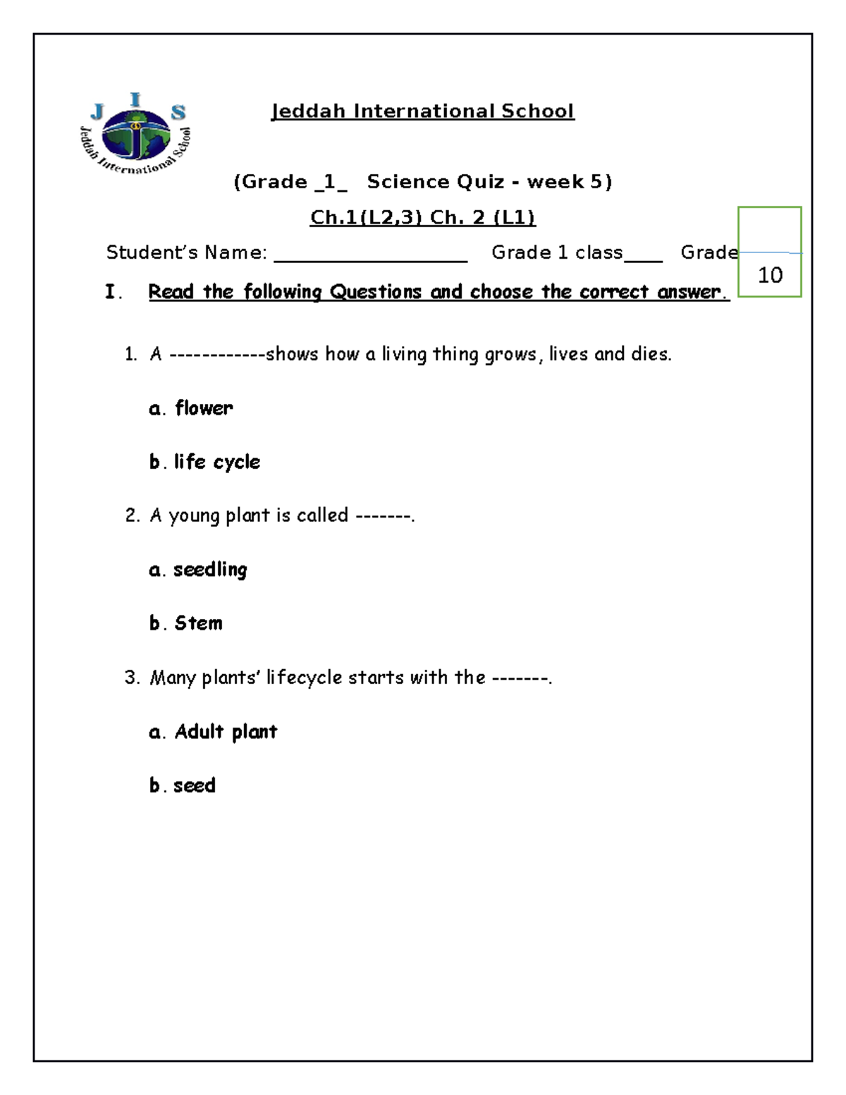 Science quiz ( plant life cycle) - Jeddah International School (Grade 1 ...