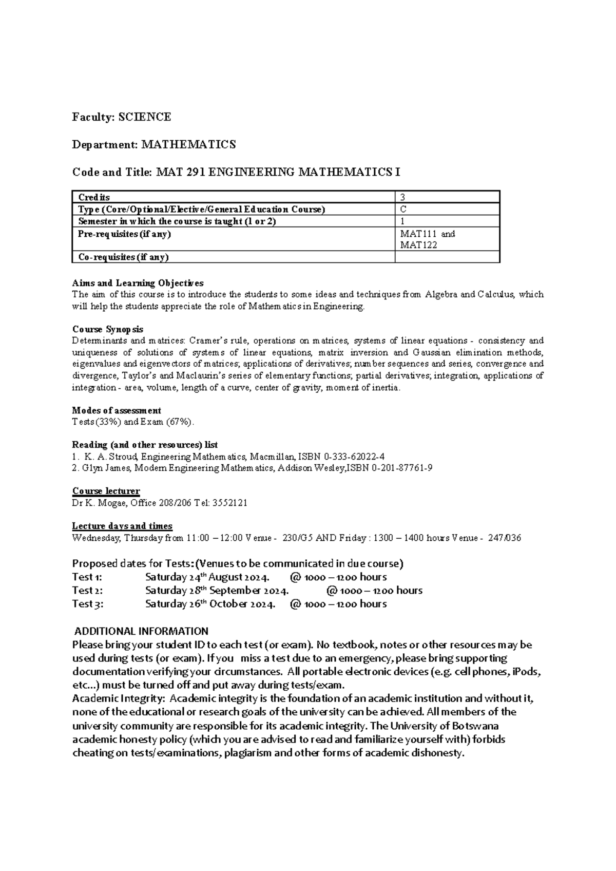 MAT 291 Course outline - engineering mathematics - Faculty: SCIENCE ...