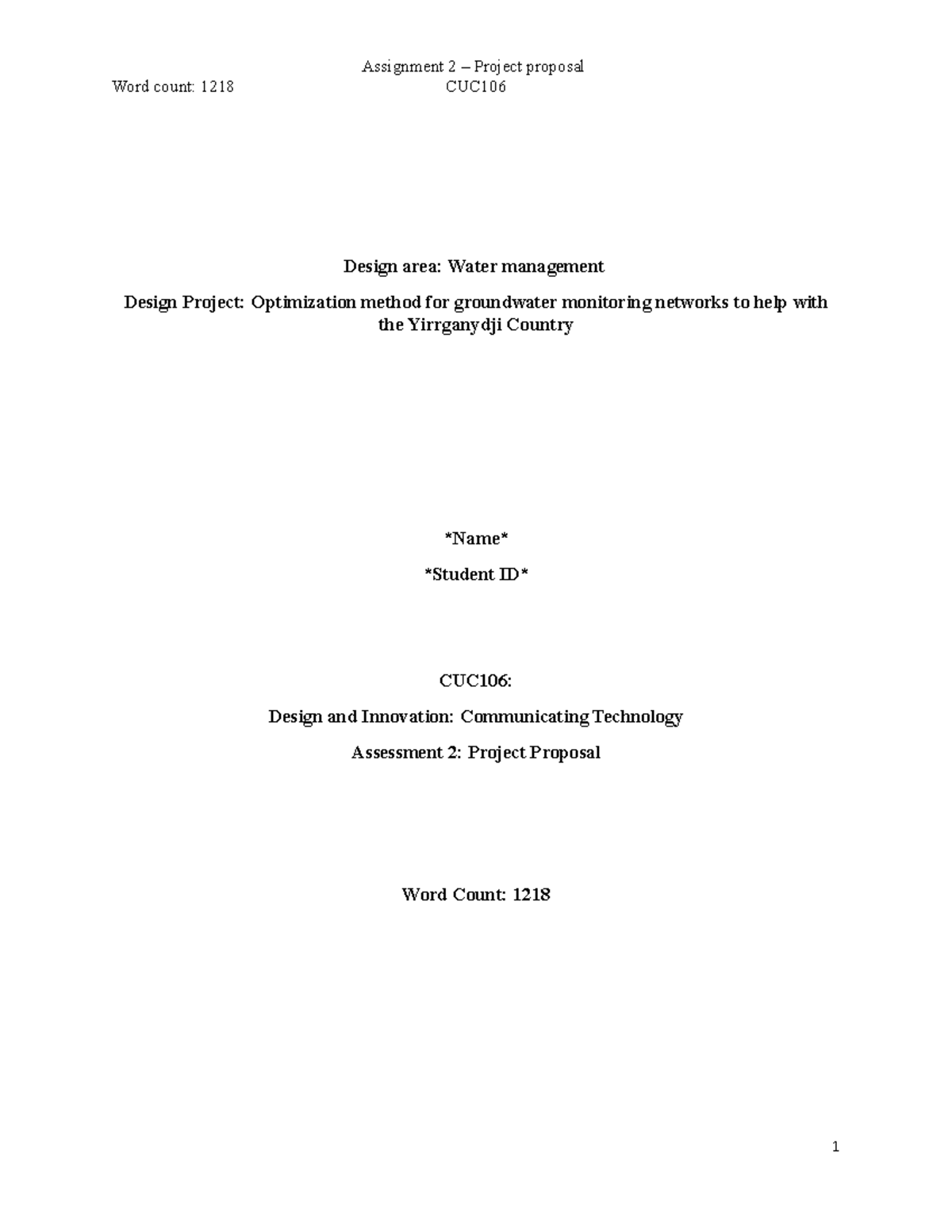 Assignment 2 project proposal - Word count: 1218 CUC Design area: Water ...