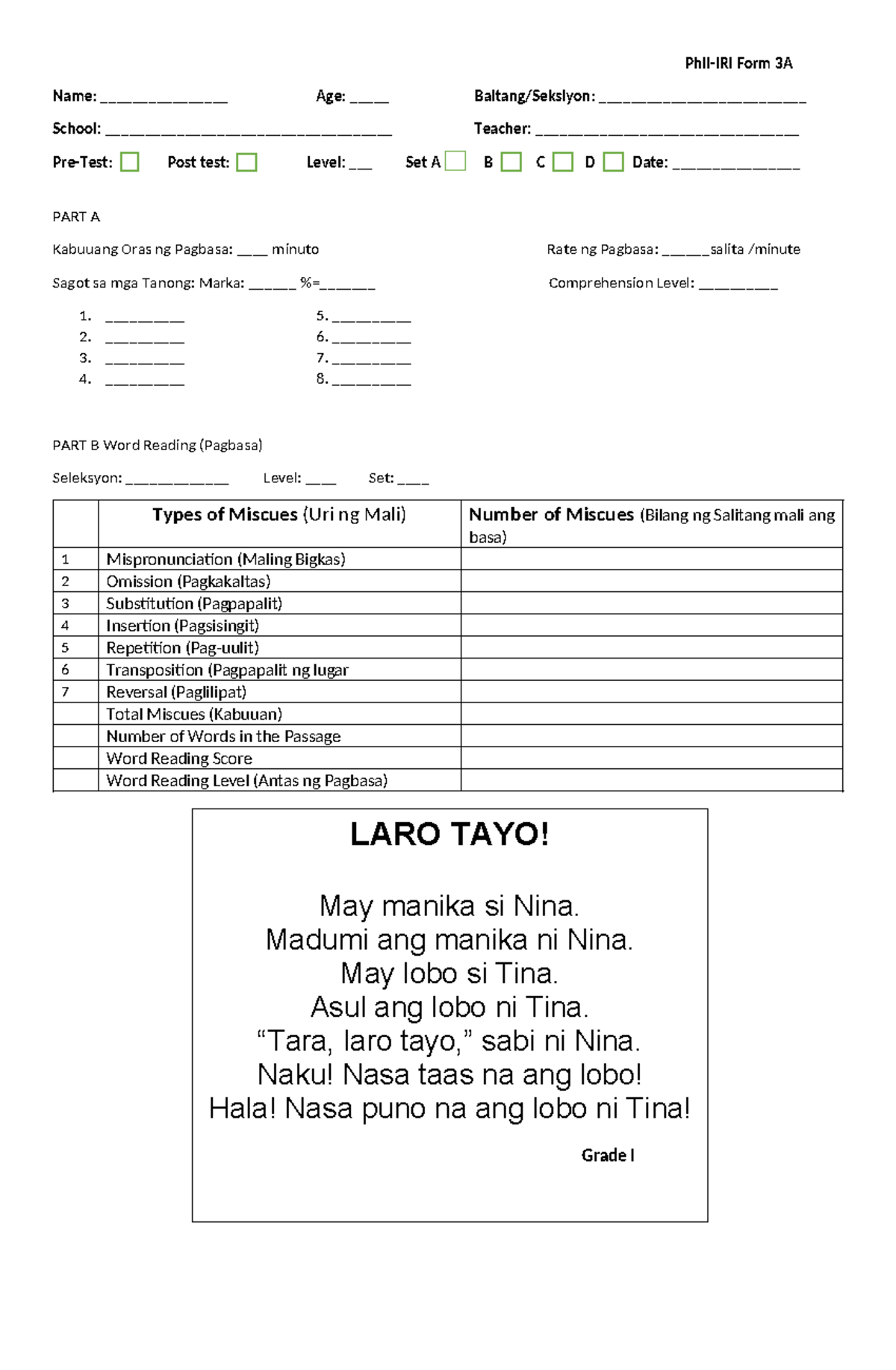FORM Individual PHIL IRI Passage A POST TEST Phil IRI Form 3A Name